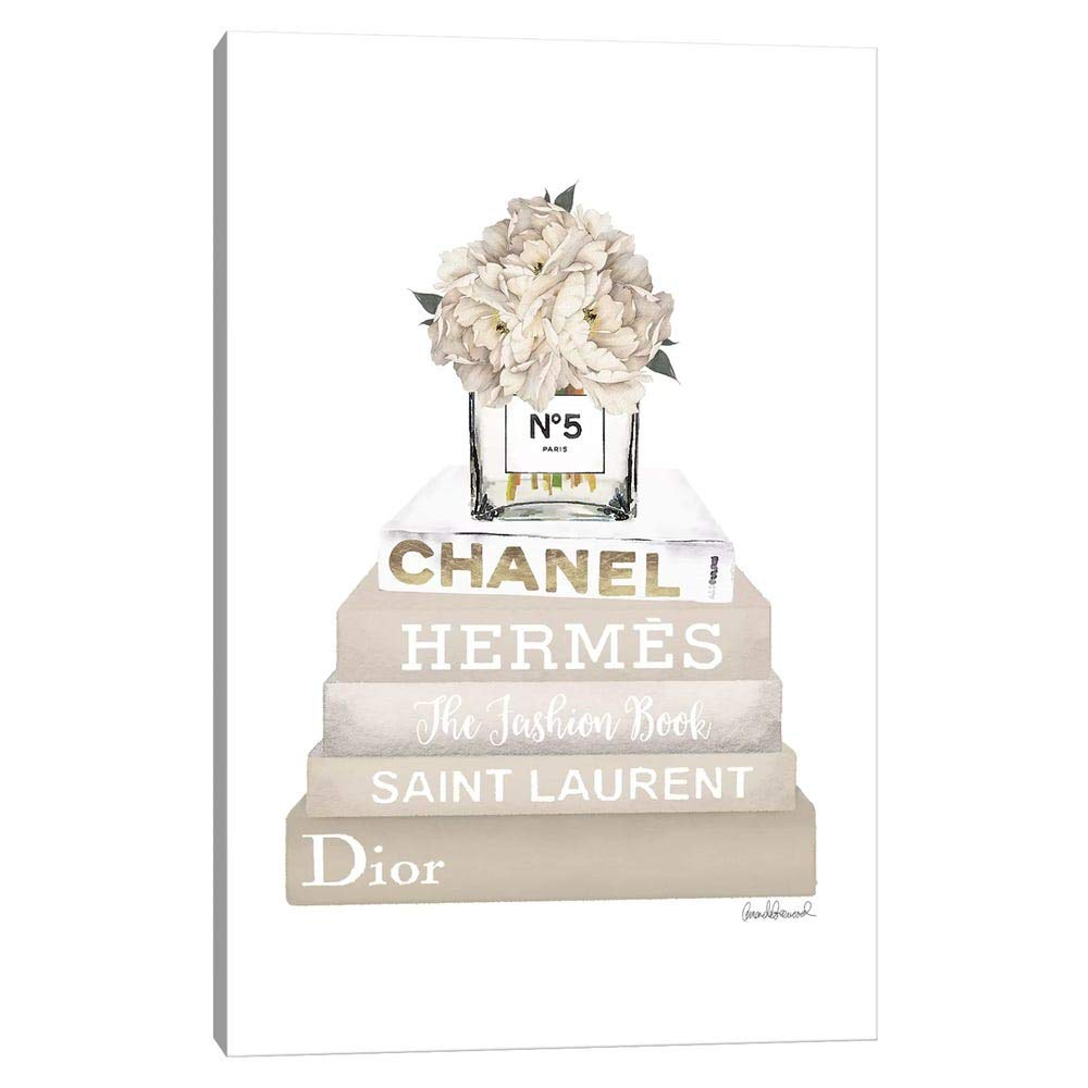 iCanvas GRE245 Cream, Champagne, and Gold Bookstack Topped by Vase with White Peony Canvas Print by Amanda Greenwood, 40" x 26" x 0.75" Depth Gallery Wrapped