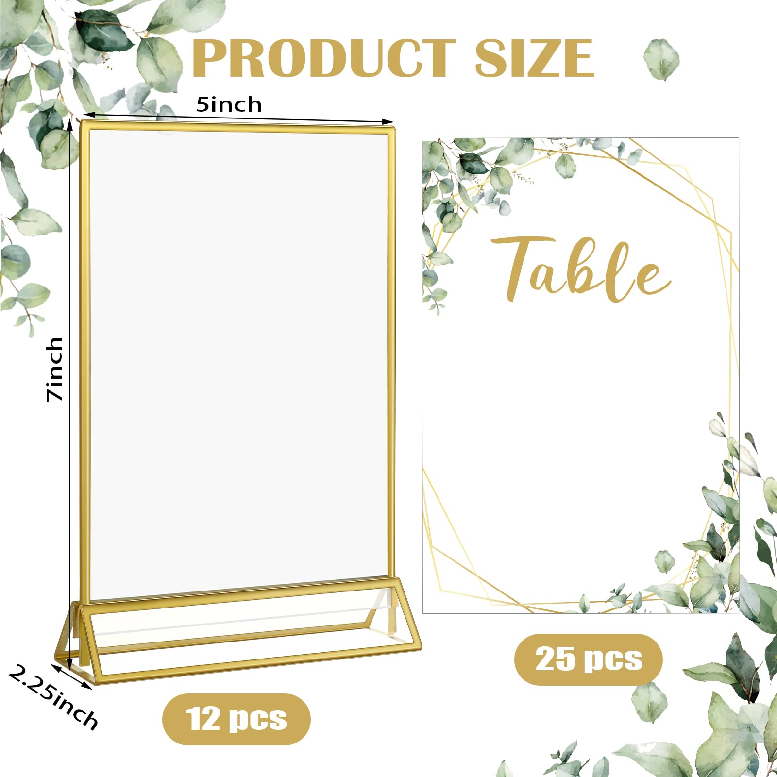 Threehoney 12 Pack Wedding Table Number Holders with 25 Pcs Eucalyptus Table Number Cards 5x7 Inch Gold Acrylic Table Number Frames with Number Cards for Wedding Reception Birthday Bridal Party