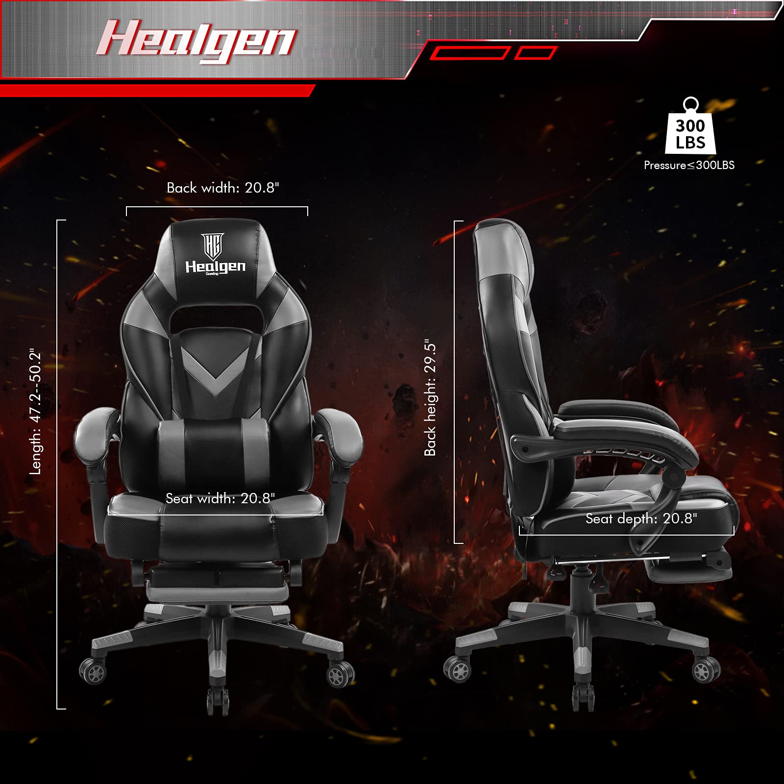 HEALGEN Reclining Gaming Chair with Adjustable Massage Lumbar Pillow and Footrest- Memory Foam PC Computer Racing Chair - Ergonomic High-Back Desk Office Chair (9015GREY)