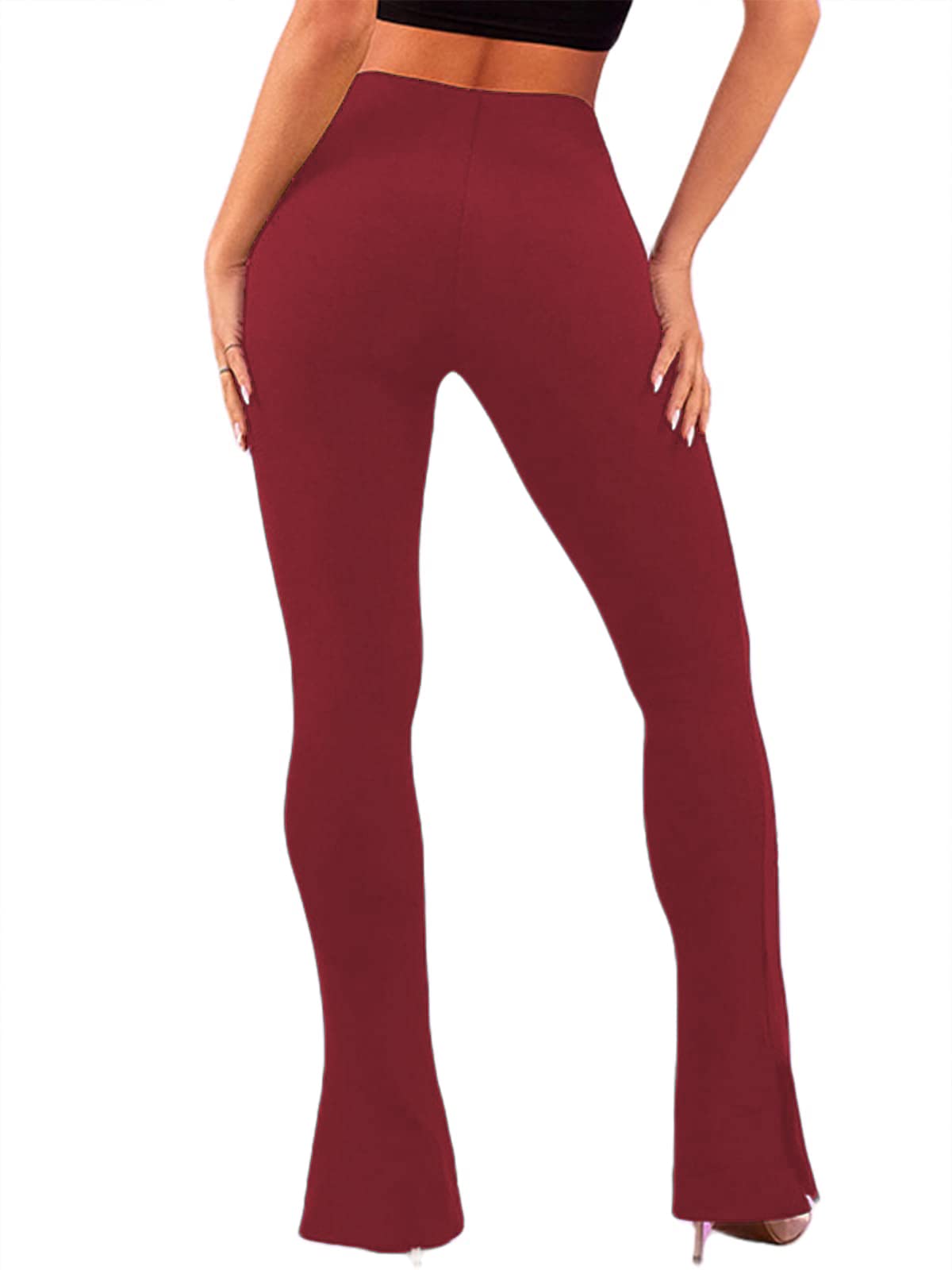Hilinker Women's High Waisted Flare Long Pants Cut Out Bootcut Flare Yoga Pants Wine Red Small