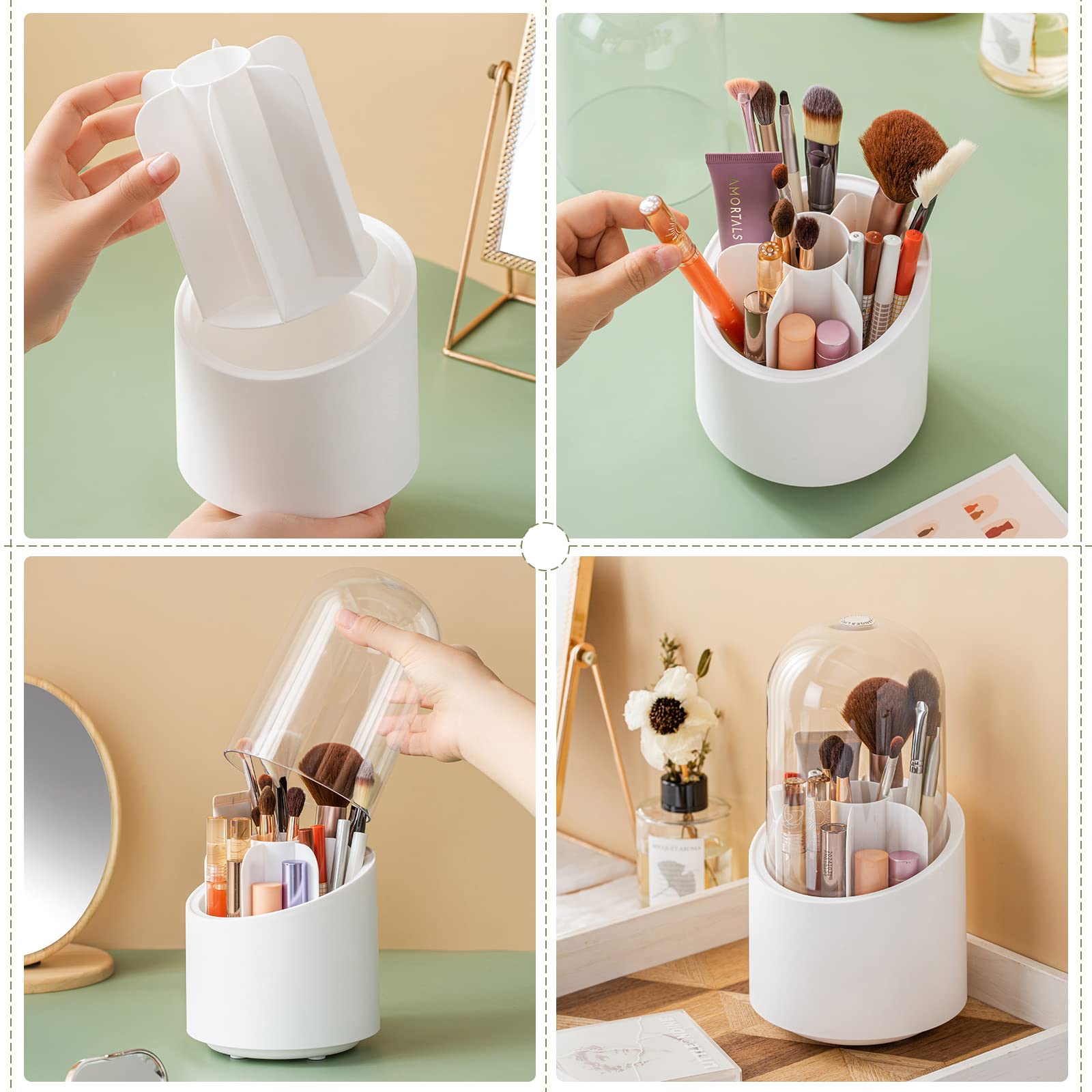 Myskuasin Makeup Brush Holder with Lid, Rotatable Clear Acrylic Makeup Brush Organizer Cup 5x5x9.25 inch, Makeup Container Storage