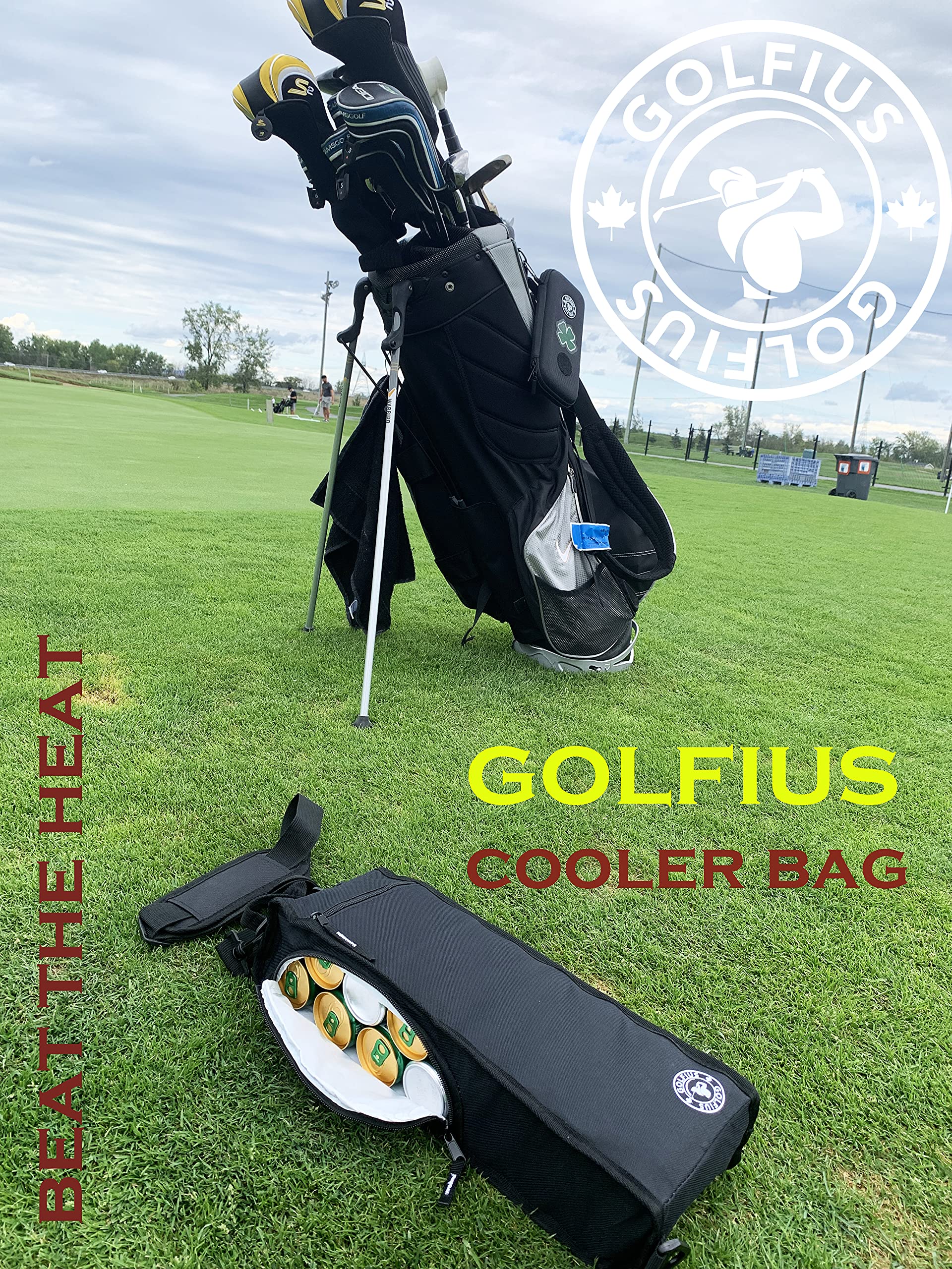 Golfius - Premium Modern Slim Golf Cooler Bag -Soft Insulated Beer Cooler Holds 6 Pack of Cans or 2 Wine Bottles. Golf Necessities, Great for Golfing, Beach Parties, Picnic, Camping, Hiking .(Black)