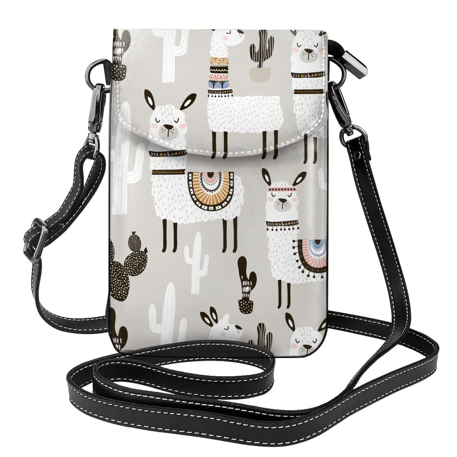 Llama Cactus Hand Drawn Women Cell Phone Purse Leather Shoulder Crossbody Bag Wallet Pouch