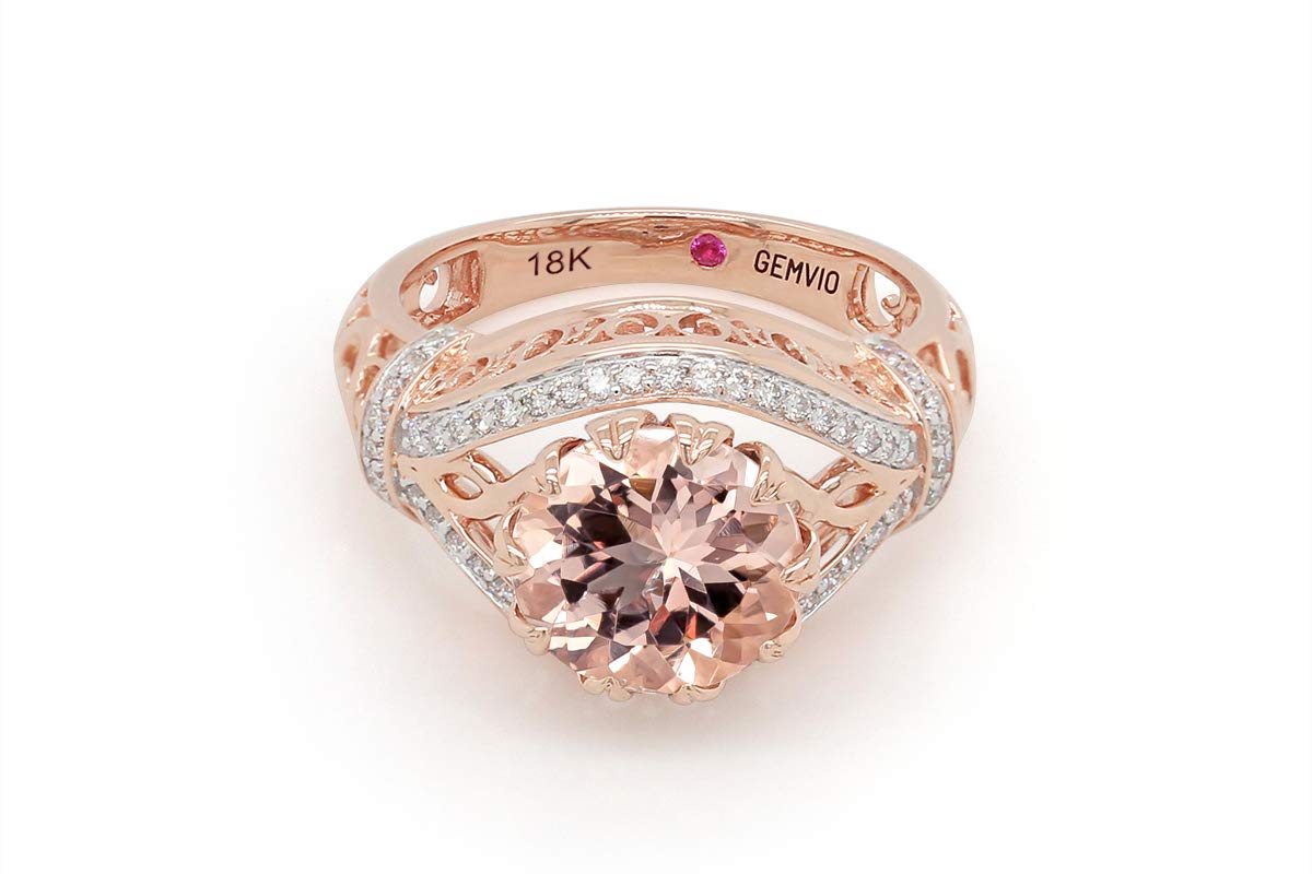 GEMVIO Collection Unique 10MM Peach Morganite Gemstone Ring 18K Rose Gold Engagement Anniversary Bridal Wedding Ring 2.60 Cttw Size-7