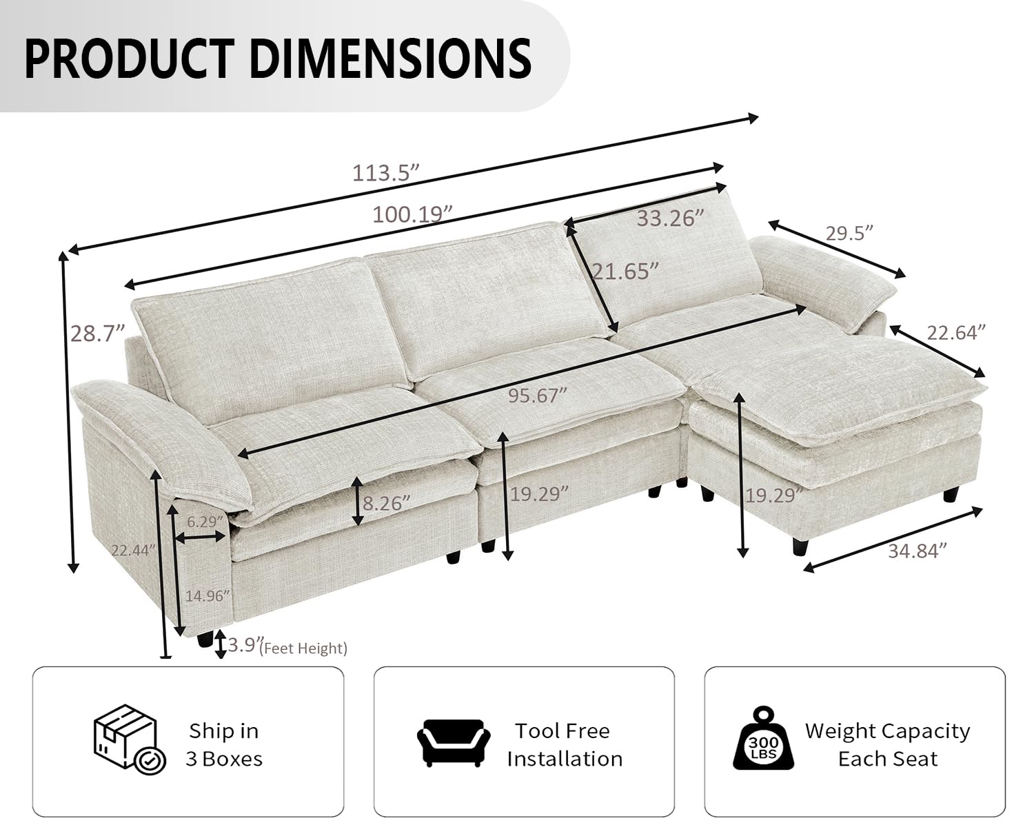 L Shaped Sofa Cloud Couch with Ottoman, 96" Modular Sectional Sofa for Living Room, 4 Seater Green Velvet Sofa Small Sectional Couch for Small Space Apartment Office