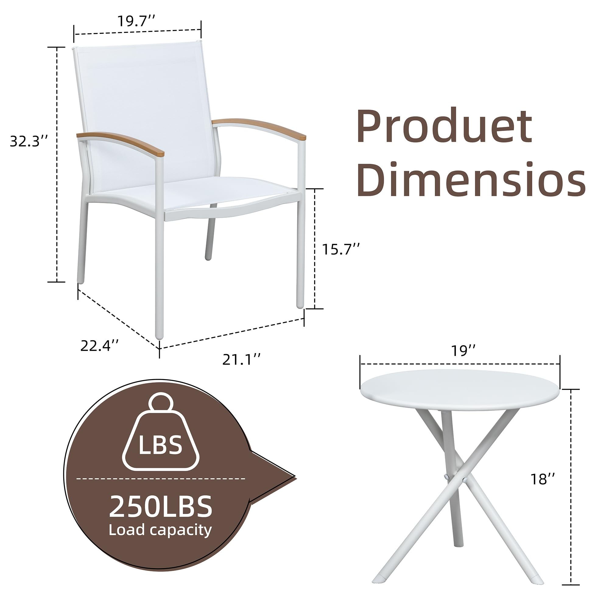 Shintenchi 3 Pieces Outdoor Patio Bistro Sets, Textilene Fabric Small Patio Furniture Set, Front Porch Chairs Conversation Set with Table for Lawn, Garden, Balcony, Poolside (White)