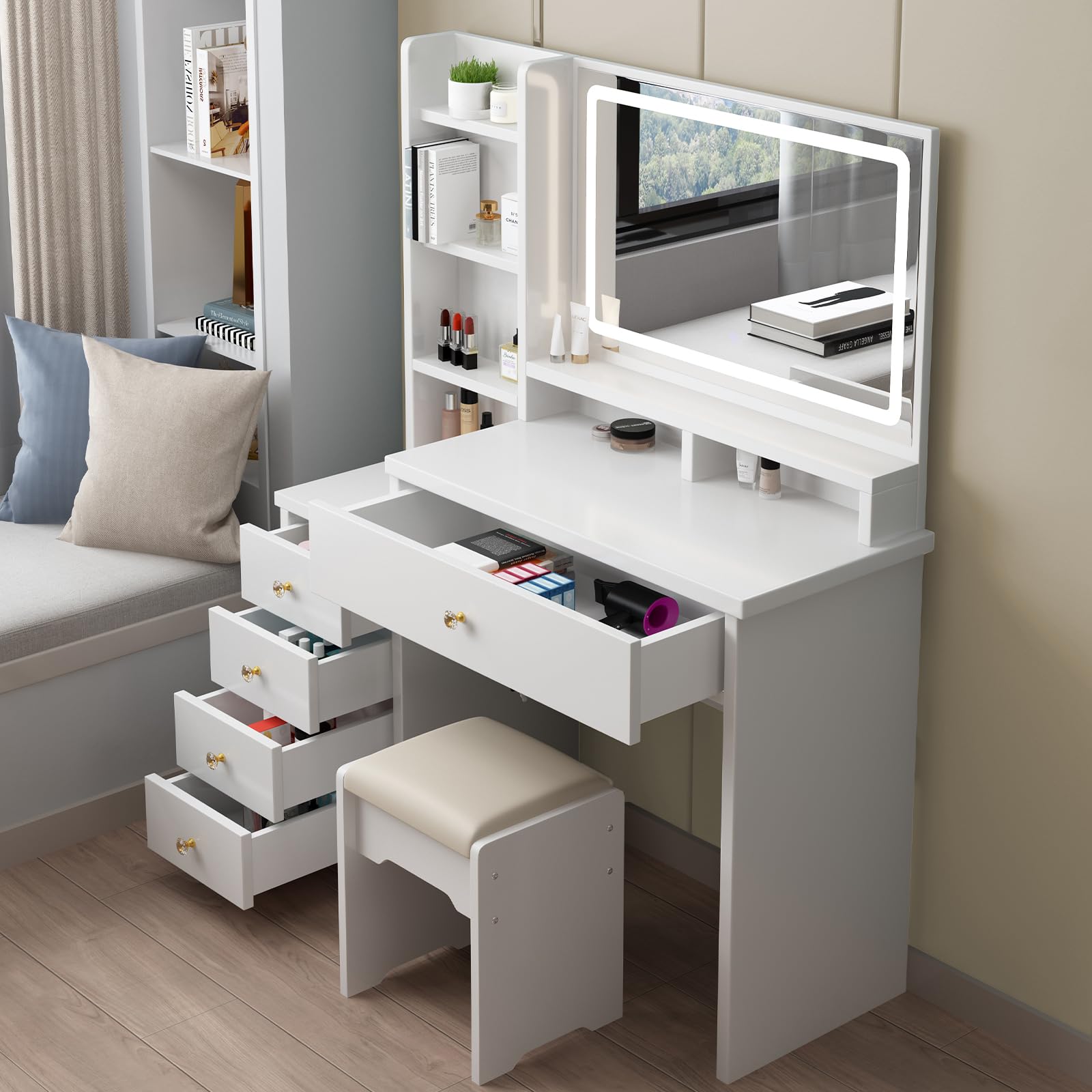MONGMON Makeup Vanity, Vanity Desk with Mirror and Lights, Makeup Vanity Set 5 Drawers, Stool and Open Shelves,Vanity Mirror 3 Color Lighting Modes Adjustable, White