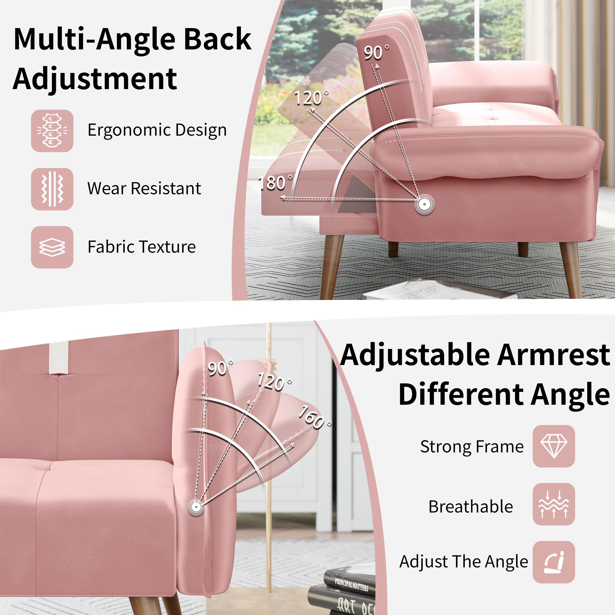 Shintenchi Futon Sofa Bed Modern Folding Sleeper Couch Bed for Living Room,Velvet Loveseat Sofa Couch Sofa cama for Apartments Office Small Spaces,w/Adjustable Armrests Backrest,Pink