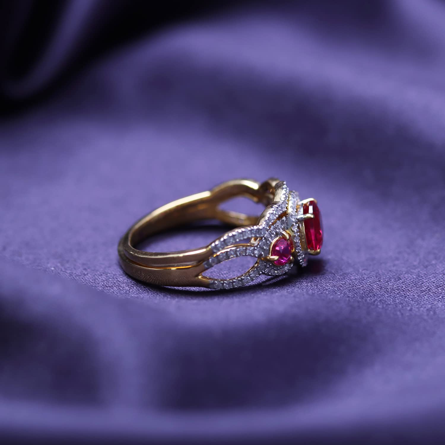 GEMVIO Collection Three Stone Ring, Round Cut Lab Created Ruby Gemstone & Natural Diamond Halo Bridal Set Engagement Ring In 14K Yellow Gold Over Sterling Silver Wedding Band Ring-8