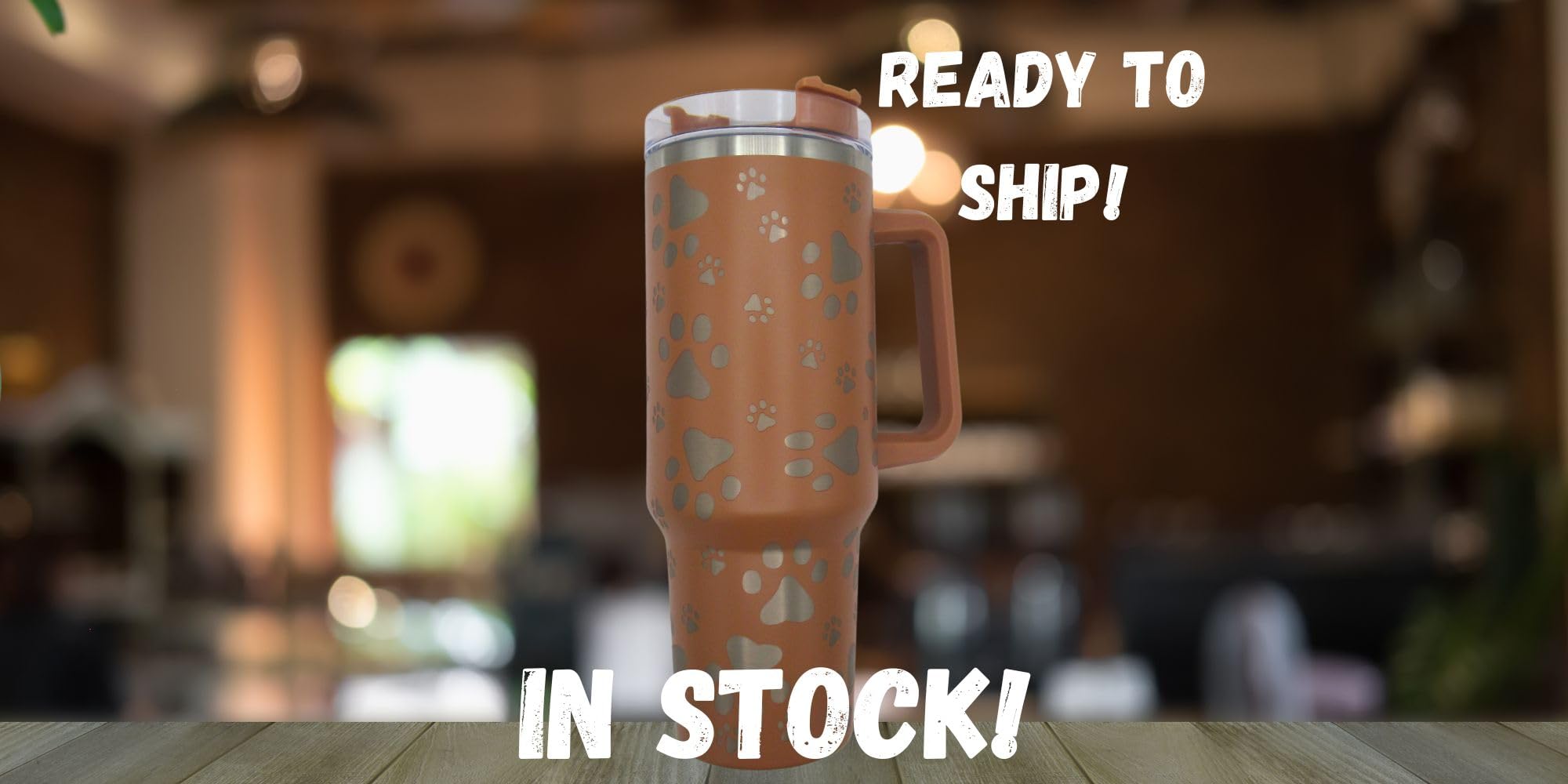 Etched Paw Puppy Print 40 oz Tumbler with Handle Stainless Steel (Brown)