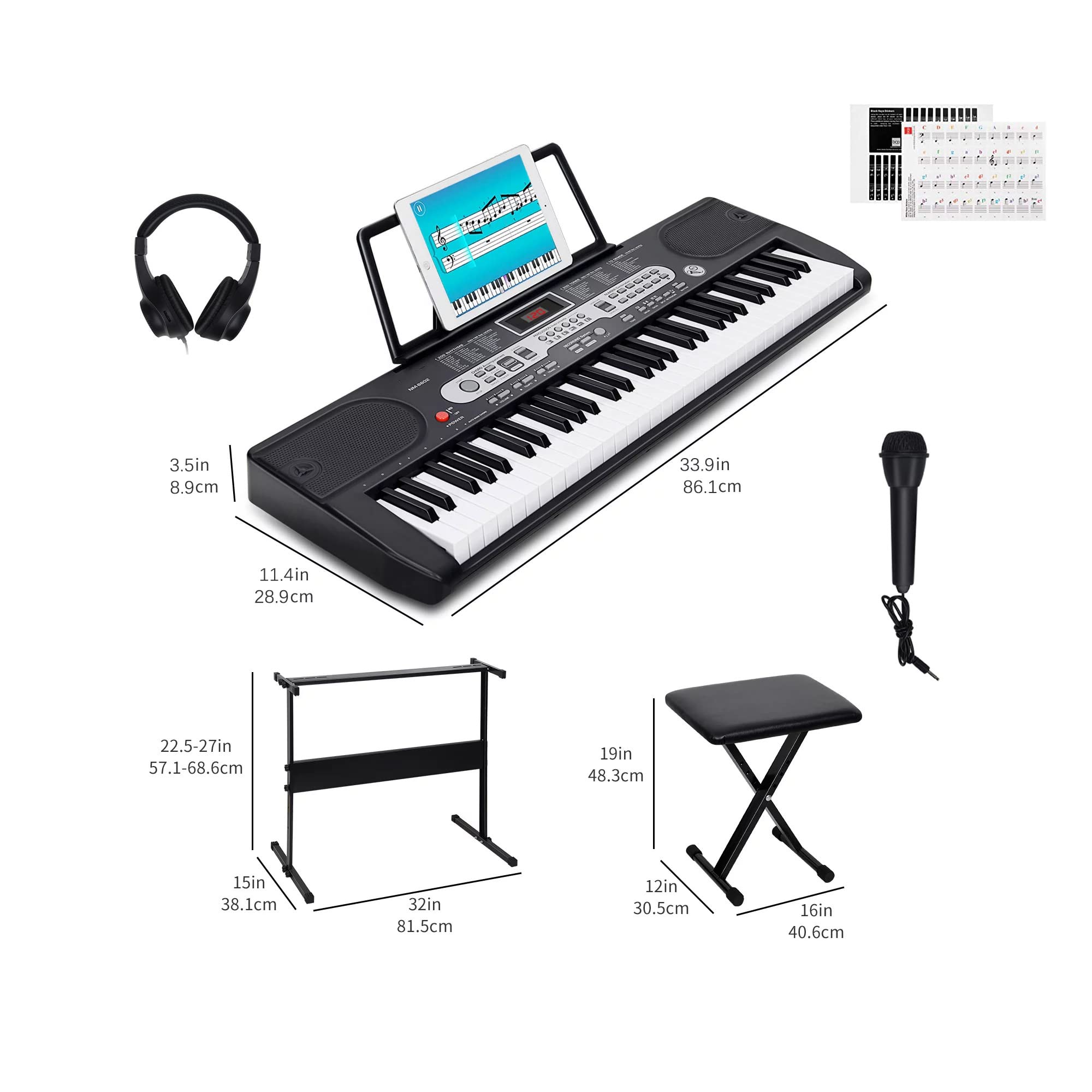 Fujampe Electric Keyboard Piano W/Lighted Keys, Keyboard Stand, Piano Bench, Microphone, Headphones, Note Stickers, Music Stand, Portable Electronic 61 Key Piano Keyboard for Beginners (Lighted Keys)