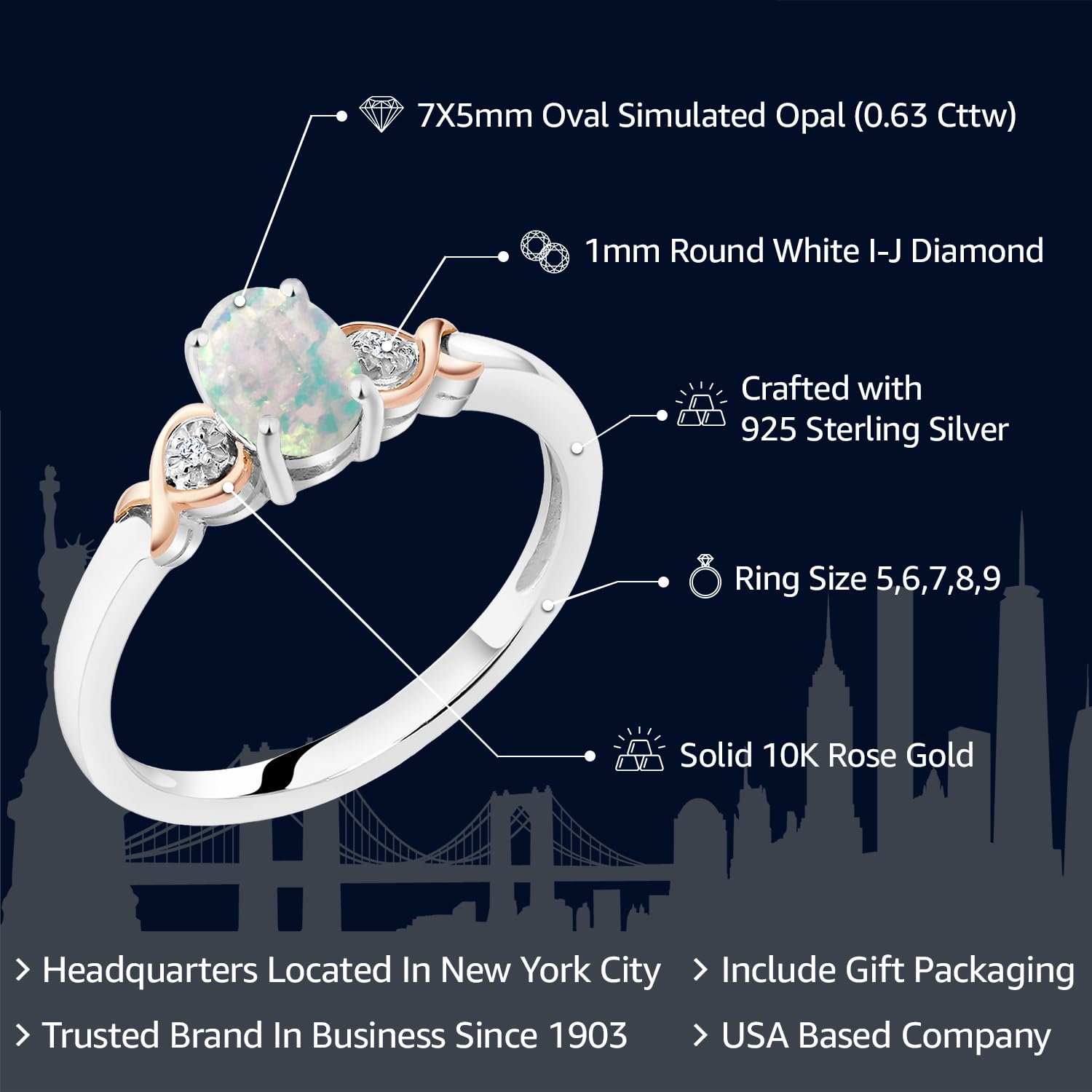 Gem Stone King 925 Sterling Silver and 10K Rose Gold 7X5MM Oval Gemstone Birthstone and Diamond Accent Engagement Ring | Wedding Anniversary Promise Ring For Women | Available In Size 5-9