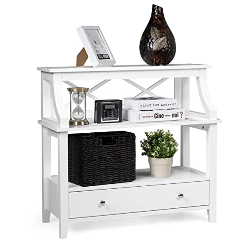 Giantex 3 Tier Console Table with a Large Drawer, Sofa Side Table with Storage Shelves, Entryway Hall Table Furniture, Display Rack Stand for Living Room Study, Easy Assembly (White)