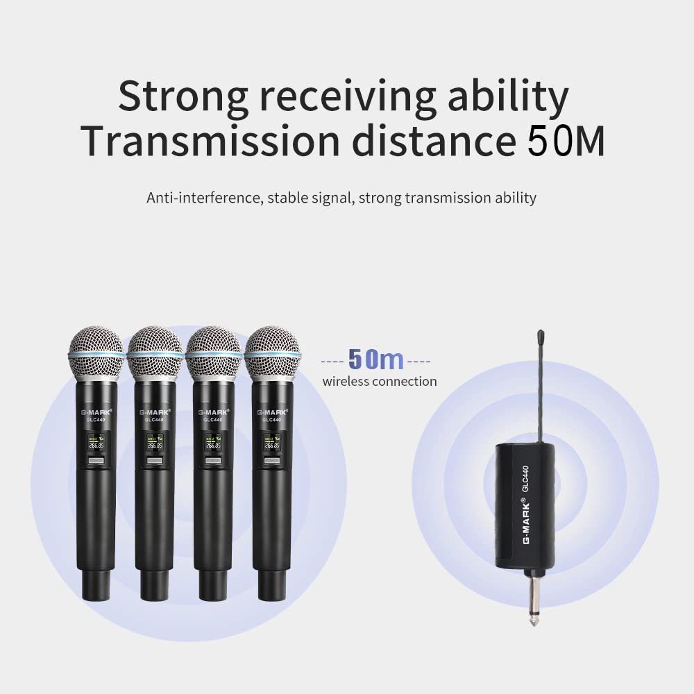 G-MARK Wireless Microphone, VHF Metal 4 Handheld Cordless Dynamic Mic System with Rechargeable Receiver, for Karaoke, Wedding, DJ, Party, Speech, Church, Class Use, (160 ft Range)-Auto Connect