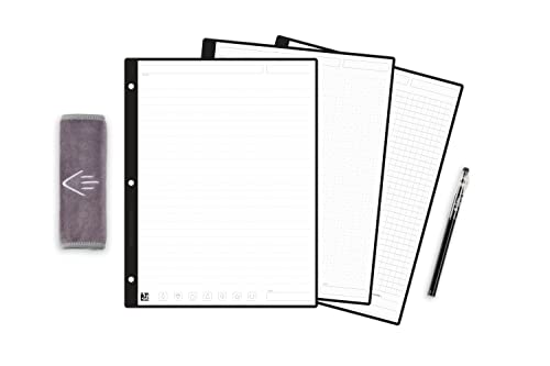 Rocketbook Filler Paper Variety Pack | Lined Wide Ruled, Dot Grid, Graph Reusable Notebook Paper (8.5" x 11") | Scannable Binder Paper | 18 Double Sided Sheets, Pen, and Cloth White