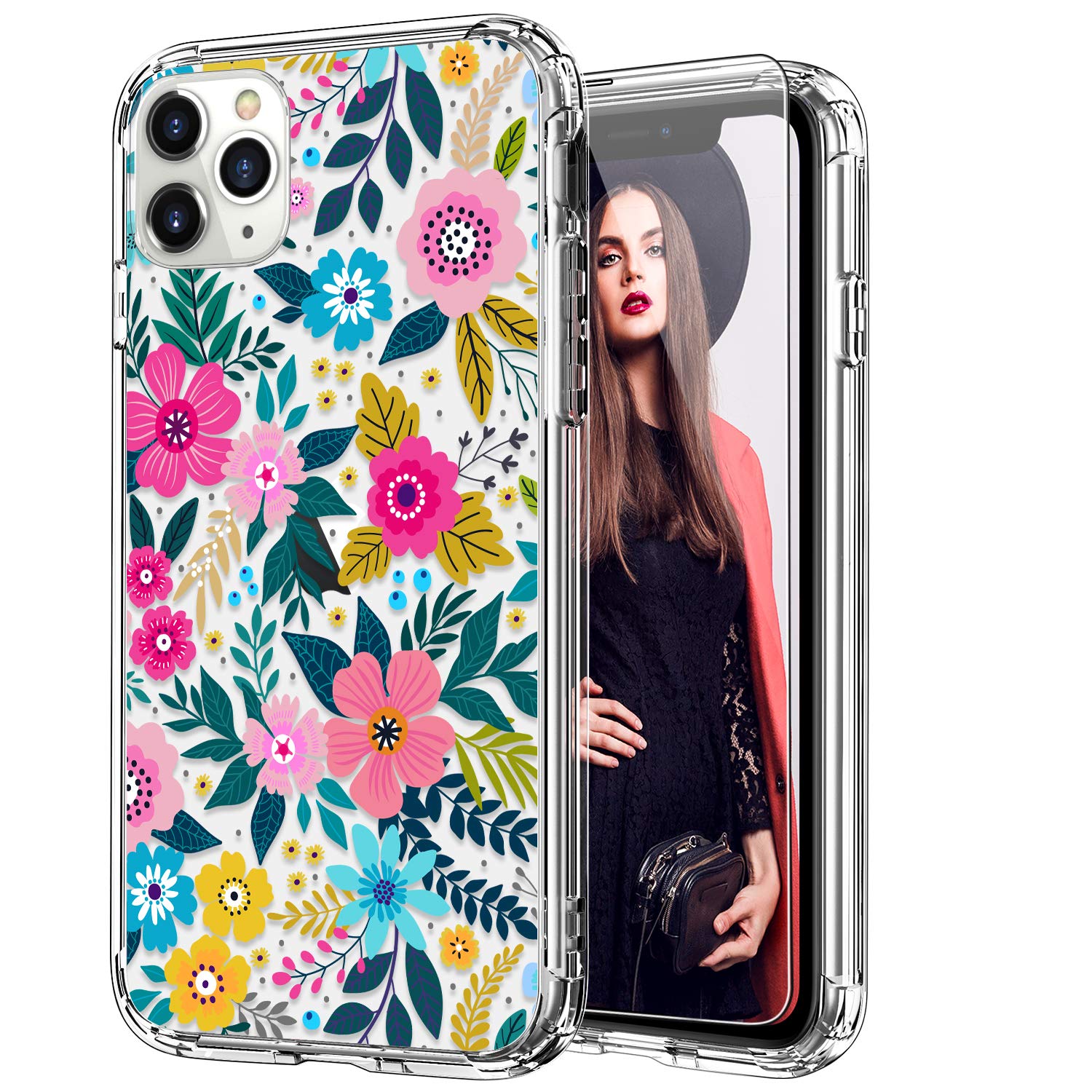 ICEDIO for iPhone 11 Pro Max Case with Screen Protector,Clear with Cute Colorful Blooming Floral Patterns for Girls Women,Slim Fit Acrylic Cover Protective Phone Case for iPhone 11 Pro Max 6.5"