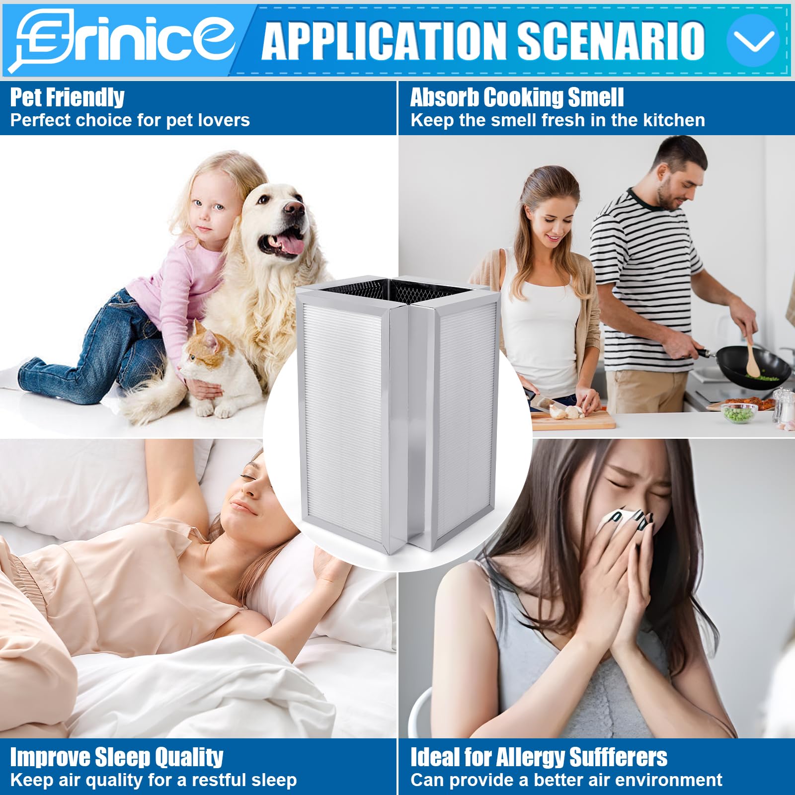 Erinice replacement filters compatible with air purifier filter, 3 in 1 pre-filter