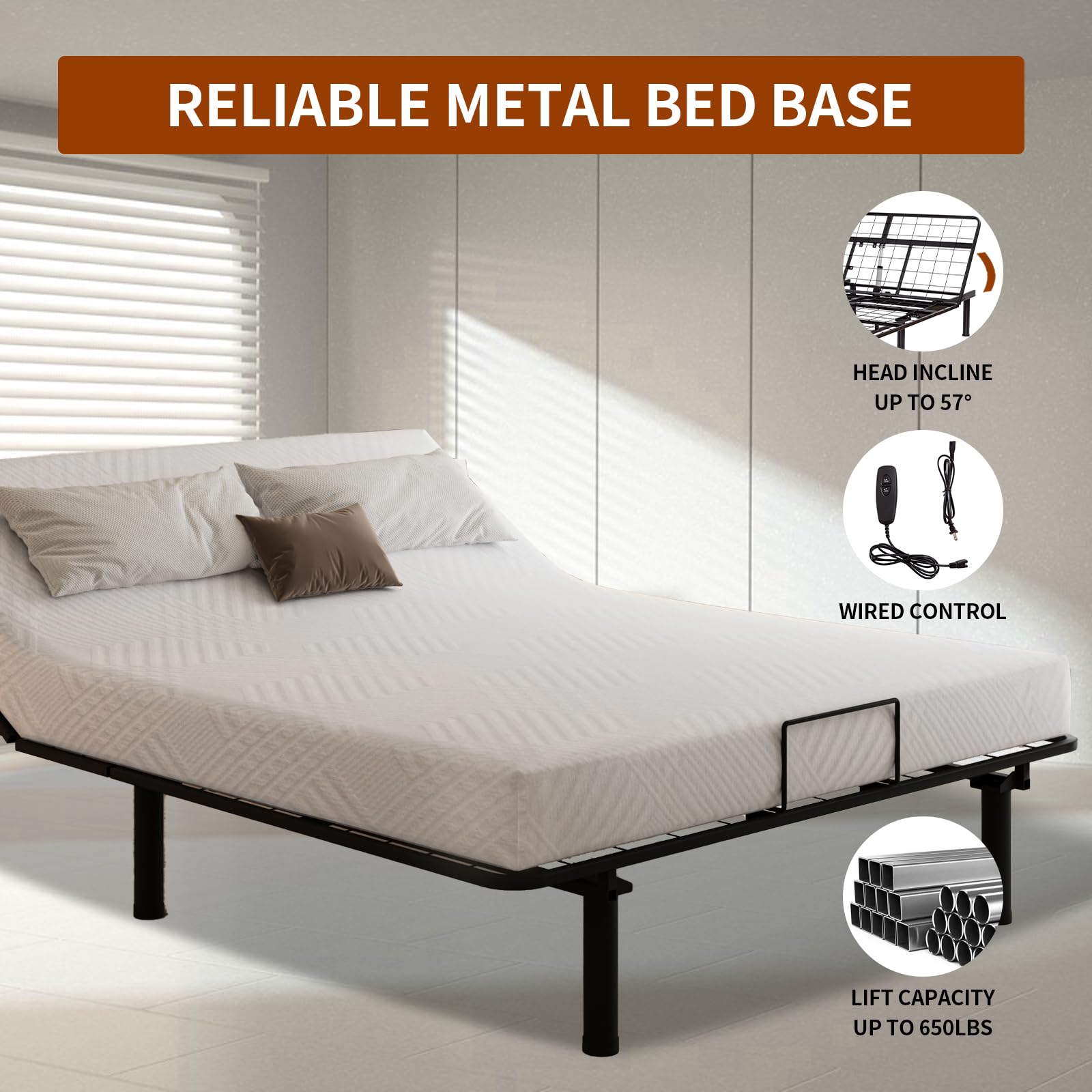 EGOHOME Twin XL Size Adjustable Bed Frame with Remote Wired, Zero Clearance Designed Zero Gravity Base for Stress Management with Head Incline, No Tools Assembly, Lighter and Easy for Transportation