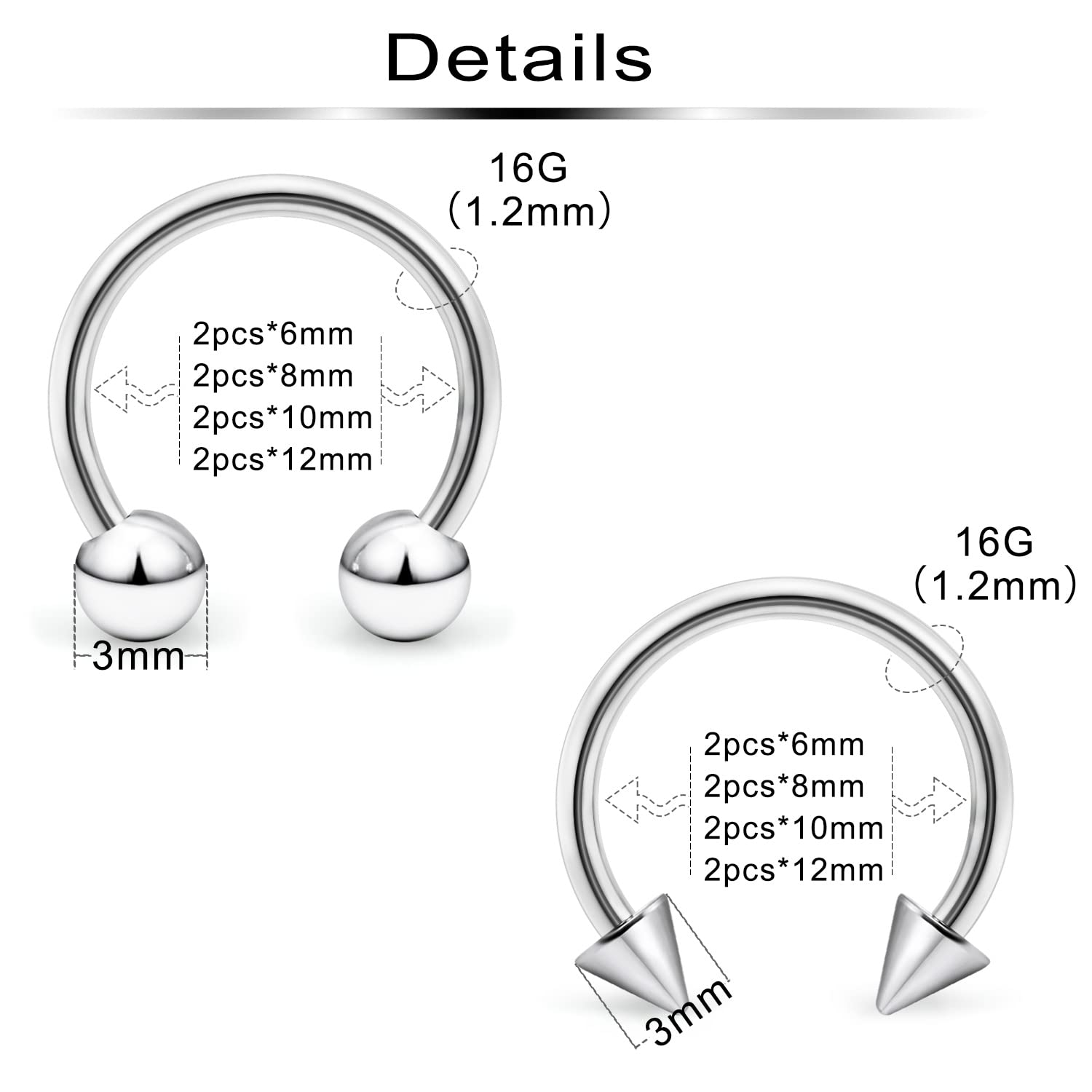 Ftovosyo 16PCS 16G Multiple Different Sizes Horseshoe Barbell Surgical Steel Nose Septum Rings Hoop Daith Earring Eyebrow Helix Vertical Lip Piercing Jewelry for Women Men