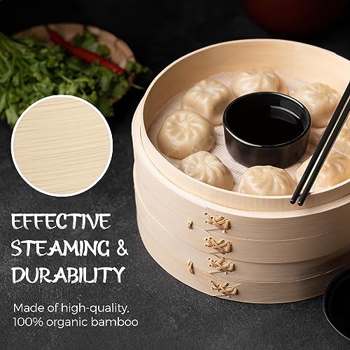 SILLION 2-Tier 10 Inch Bamboo Steamer Basket With Stainless Steel Ring Adapter, 2x Set of Chopsticks, 2x Reusable Silicone Liners | Bamboo Steamer For Cooking Ideal For Dumplings, Rice, Fish or Vegetables