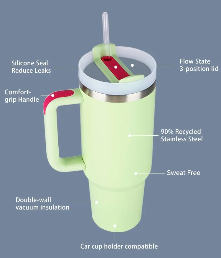 New 40 OZ Quencher H2.0 FlowState Stainless Steel Vacuum Insulated Reusable Tumbler with Straw and Lid for iced/hot Coffee or Tea, Water, Smoothie