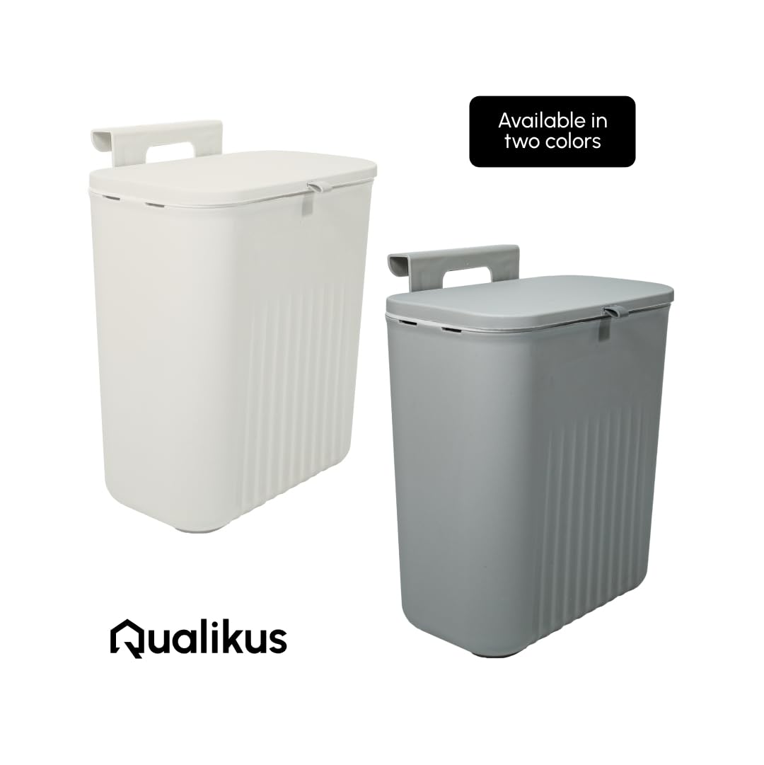 QUALIKUS 2.4G Kitchen Trash Bin for Counter Top or Under Sink, Hanging Small Trash Can with Lid for Bathroom/Bedroom/Office/Camping, Dorm Room, Garage (Off White)