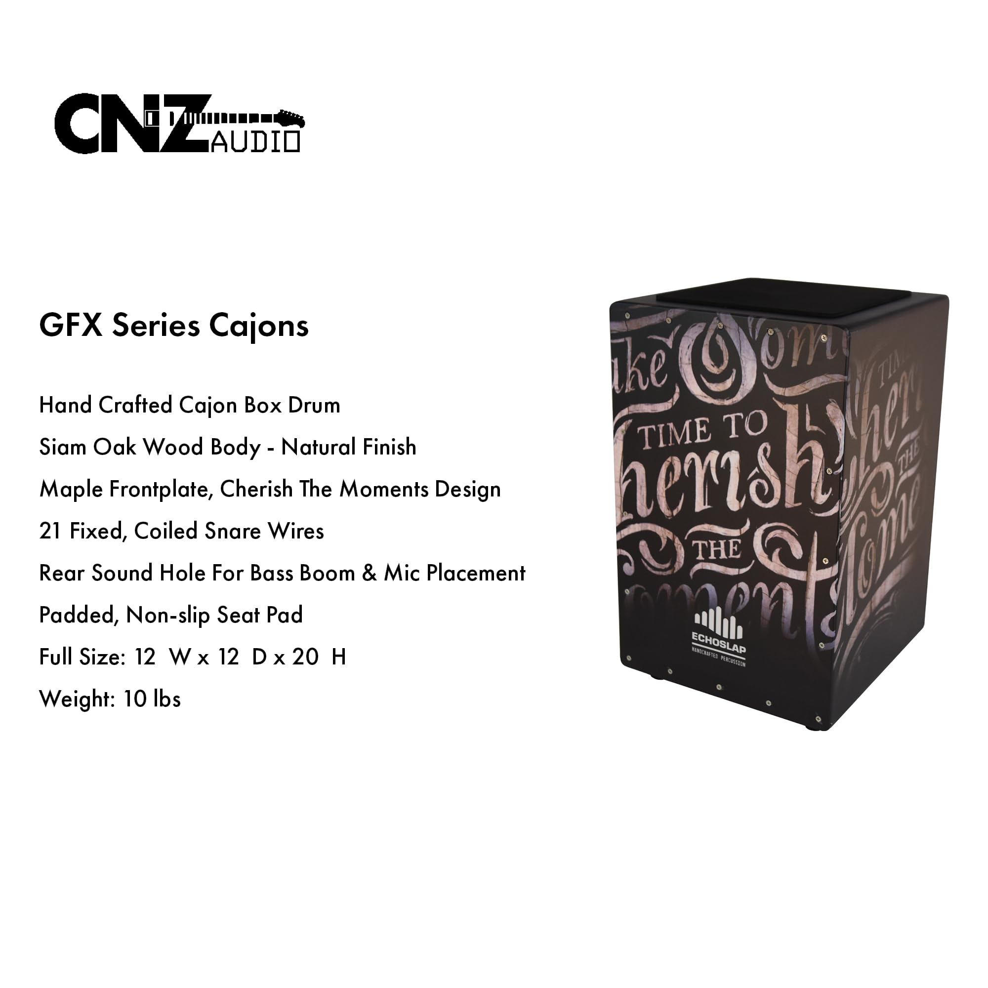 Echoslap GFX Ship Cajon, Black, Hand Crafted, 21 Coiled Snare Wires, Deep Bass, Maple Frontplate, Hardwood Body + Free Gig Bag