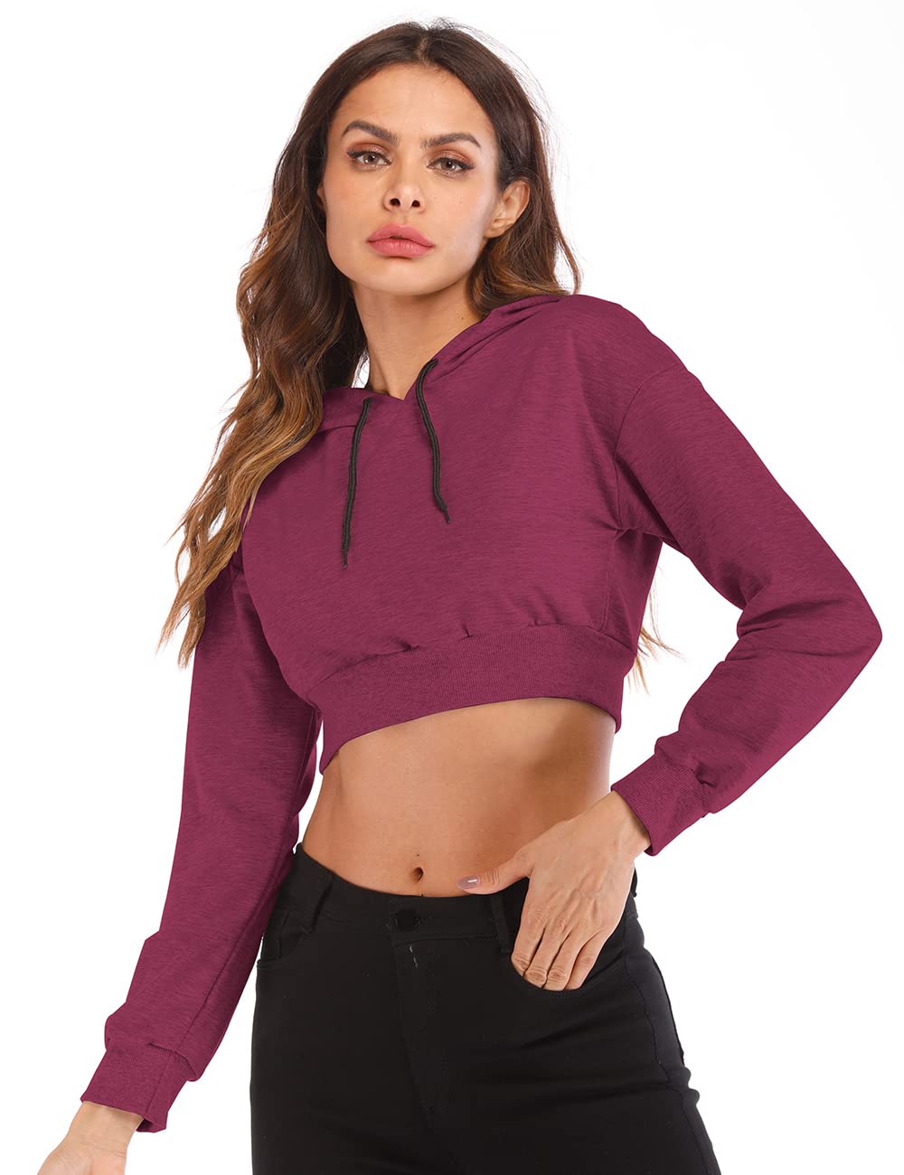 HIOINIEIY Women's Long Sleeve Pullover Crop Top Hoodie Workout Casual Cute Cropped Sweatshirt Dark Purple S