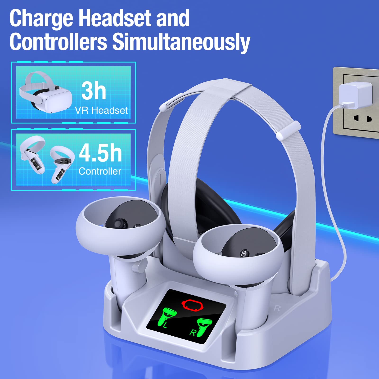 Kawaye Charging Station for Meta Quest 2, Charging Station for Oculus Quest 2 Headset and Controller, Fast Charging Dock with 2 Rechargeable Batteries/USB-C Charging Port/Charging Adapter/Cable