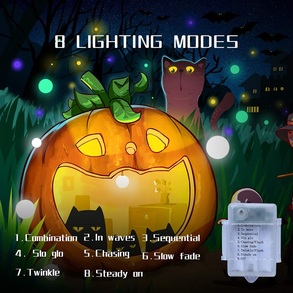 Halloween Pumpkin Lantern String Lights - 2 Packs 15 Ft 30 LED Jack-O-Lantern Pumpkin Light, Outdoor Waterproof Battery-Powered, Pumpkin Halloween Decorations for Patio, Garden, Yard, 8 Modes