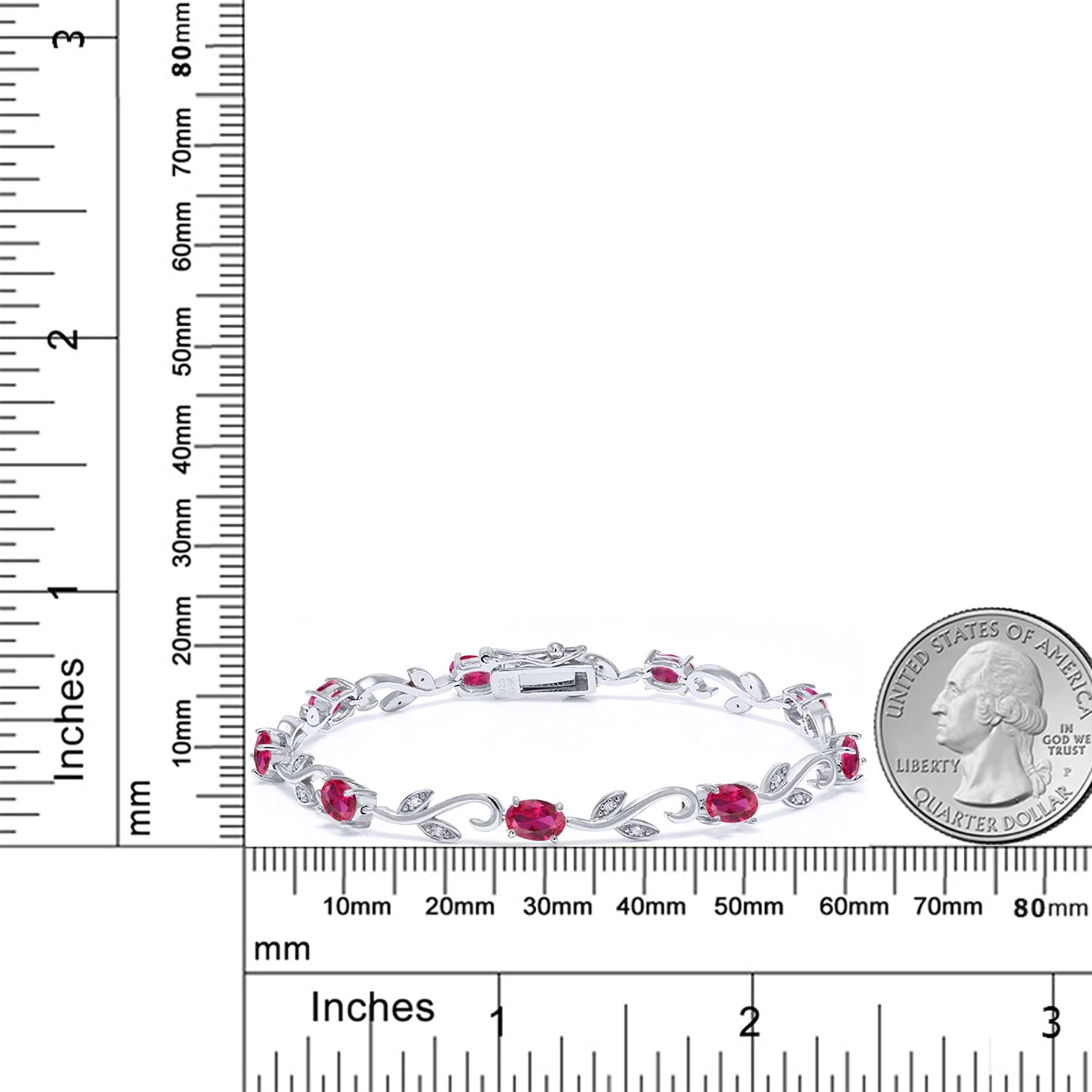 Gem Stone King 925 Sterling Silver Red Created Ruby and White Diamond Greek Vine Tennis Bracelet For Women (4.63 Cttw, Oval 6X4MM, 7 Inch)