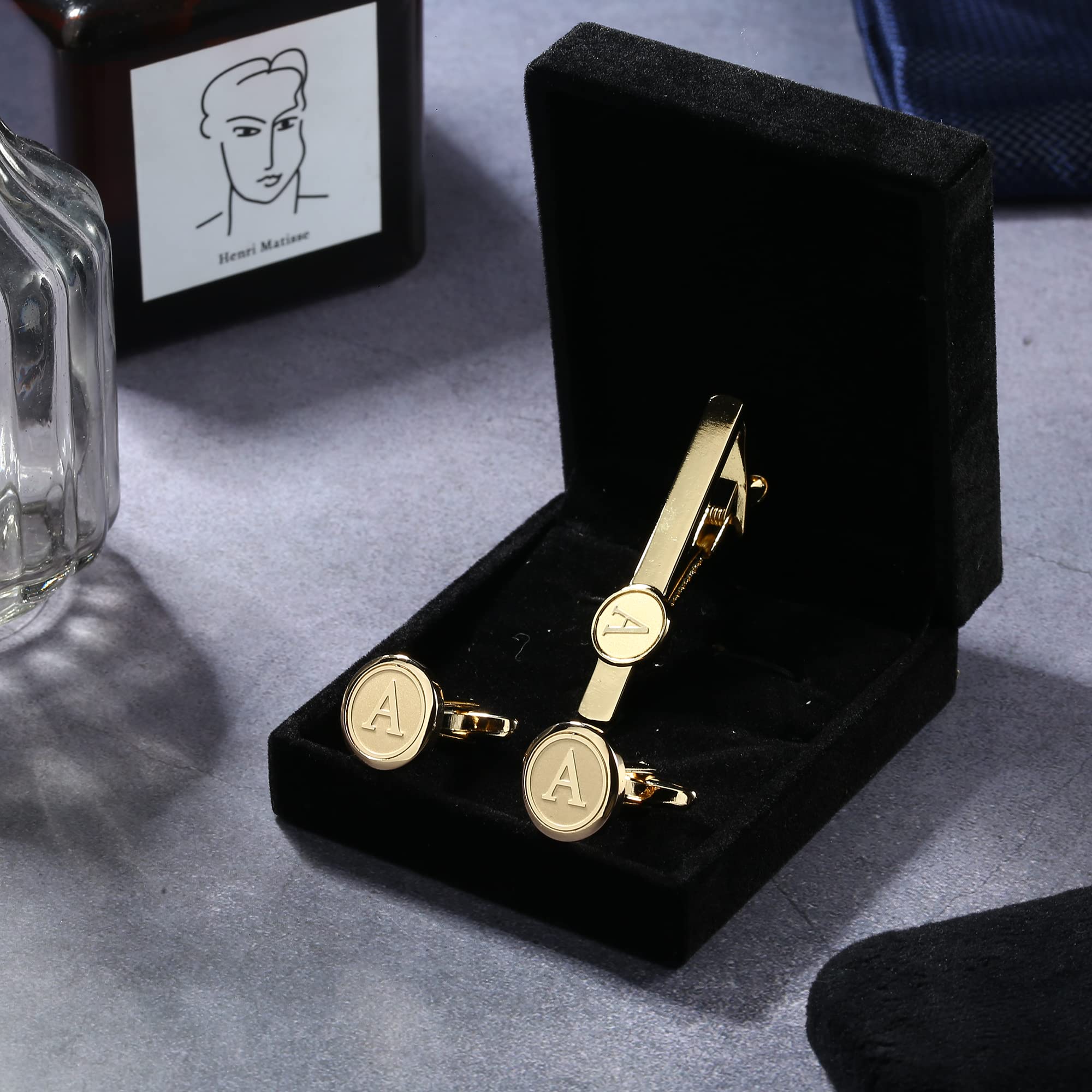Helicopchain Initial Cufflinks and Tie Clips Set for Men Personalized Shirt Gold Cuff Links and Tie Bar Alphabet Letter P with Gift Box for Wedding Business Groom Husband