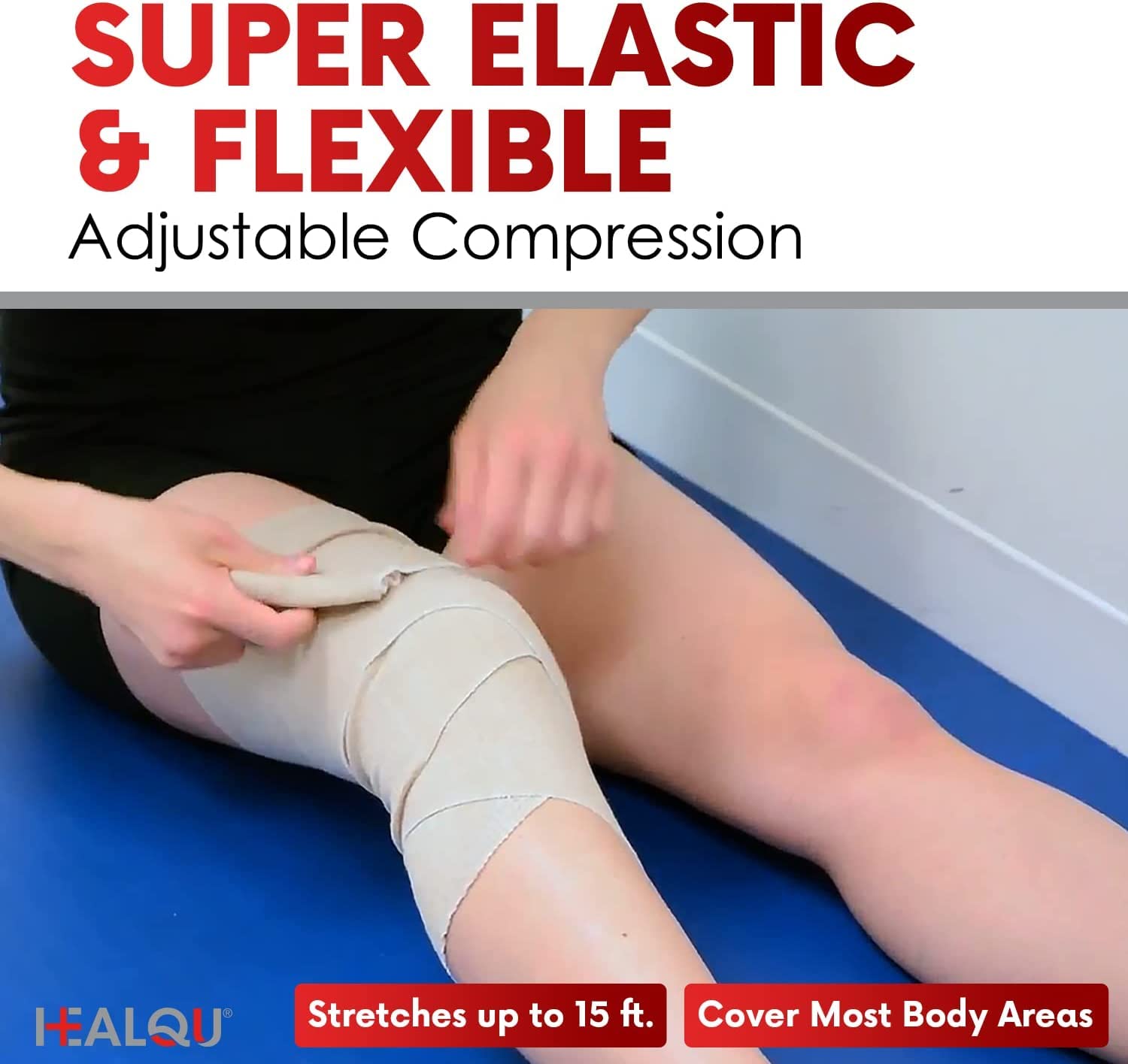 HEALQU Premium Elastic Bandage - Self-Closure Compression Wrap for Legs, Knees, Ankles, Wrists, Elbows, Shoulders - 4 Inch by 5 Yards, Box of 4 Rolls Athletic Stretchable Bandage Wrap