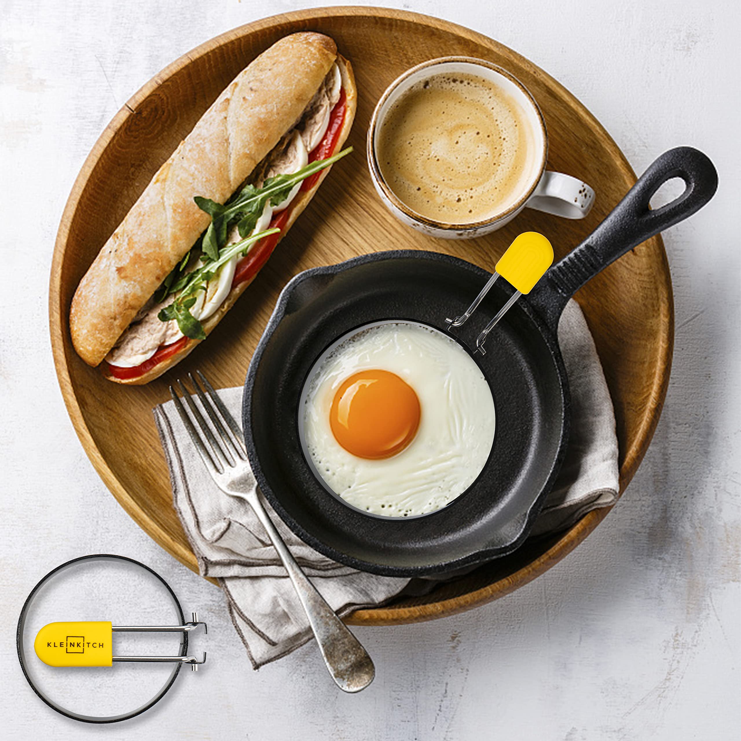 KLEINKITCH Egg Rings β 5 Piece Set of 2 Small and 2 Large Egg Molds for Frying Eggs with Oil Brush Plus Recipe EBook β Professional Portable Round Egg and Pancake Rings β 3 Inch and 4-Inch Sizes