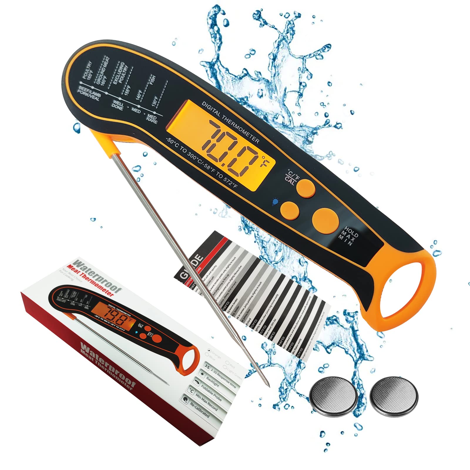 KUKVINA Waterproof Digital Instant Read Meat Thermometer for Cooking, Grilling, BBQ, Kitchen & Candy, Ultra-Fast Food Thermometer with Folding Probe，Backlight & Calibration Function