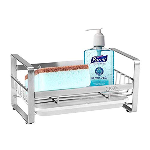 JiangWaveT Sponge Holder,SUS304 Stainless Steel Rust Proof Soap Holder for Kitchen Sink,Kitchen Sink Organizer, Sink Caddy, Sink Tray Drainer Rack with Removable Tray,Silver