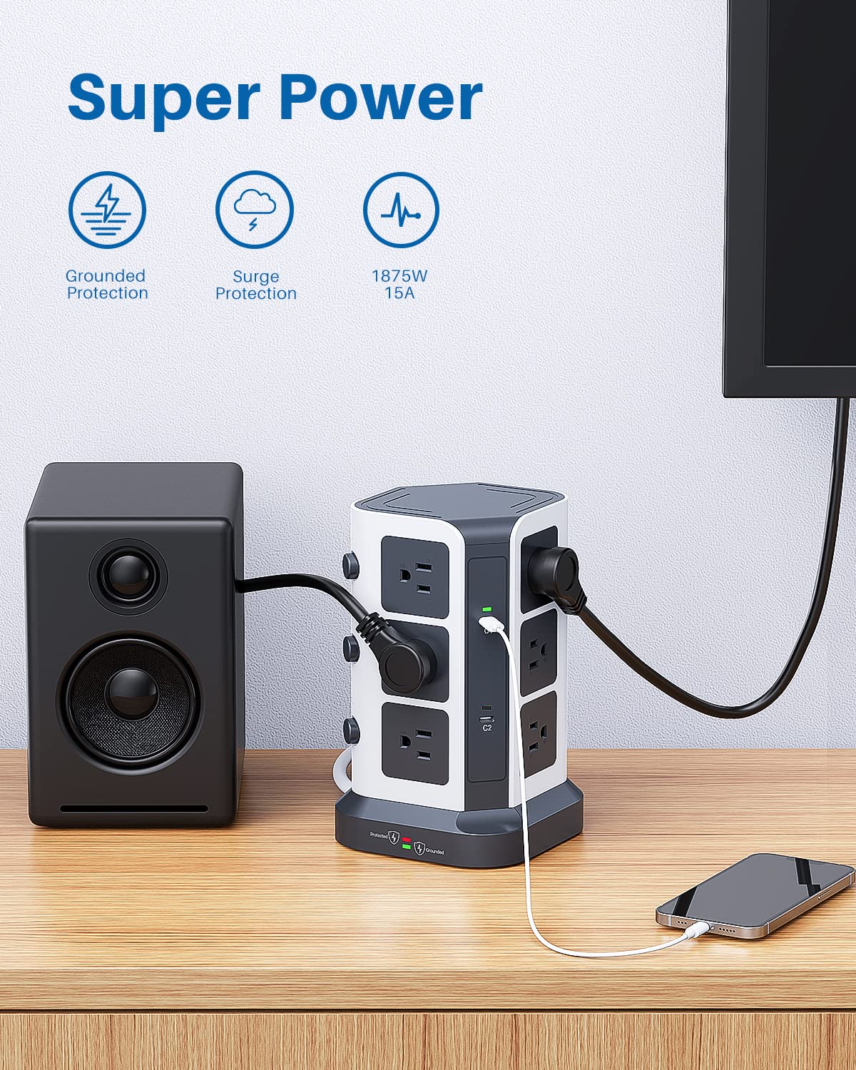 KOOSLA [65W] PD Power Strip Tower Surge Protector, USB C Desktop Charging Station with 12 Widely Spaced AC Outlets / 2 USB-C / 3 USB-A Ports, 6.5ft Heavy-Duty Extension Cord for Home Office Dorm…
