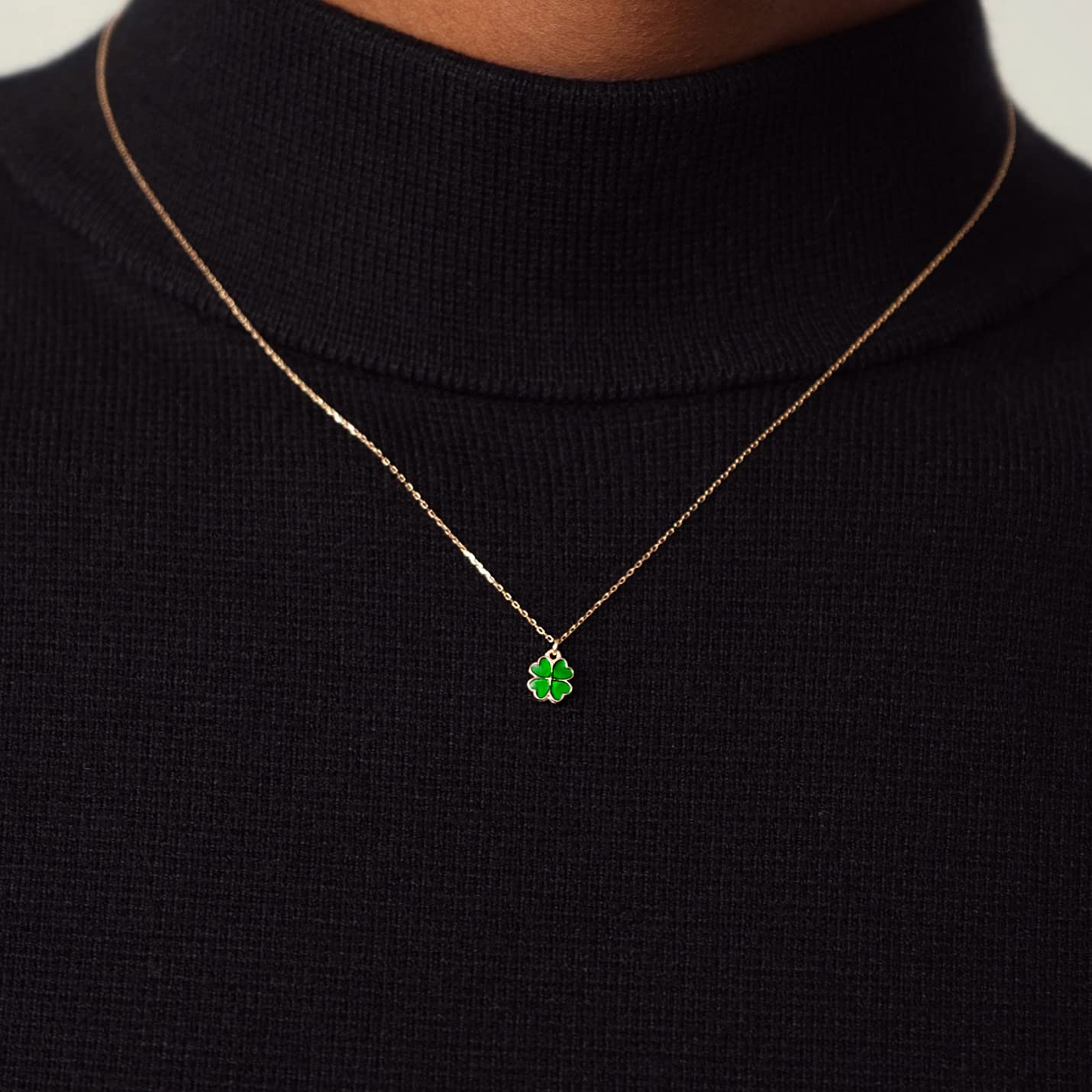 GELIN 14K Gold Enamel Green Clover Necklace | 14k Solid Gold Four Leaf Clover Neclace for Women, 18"