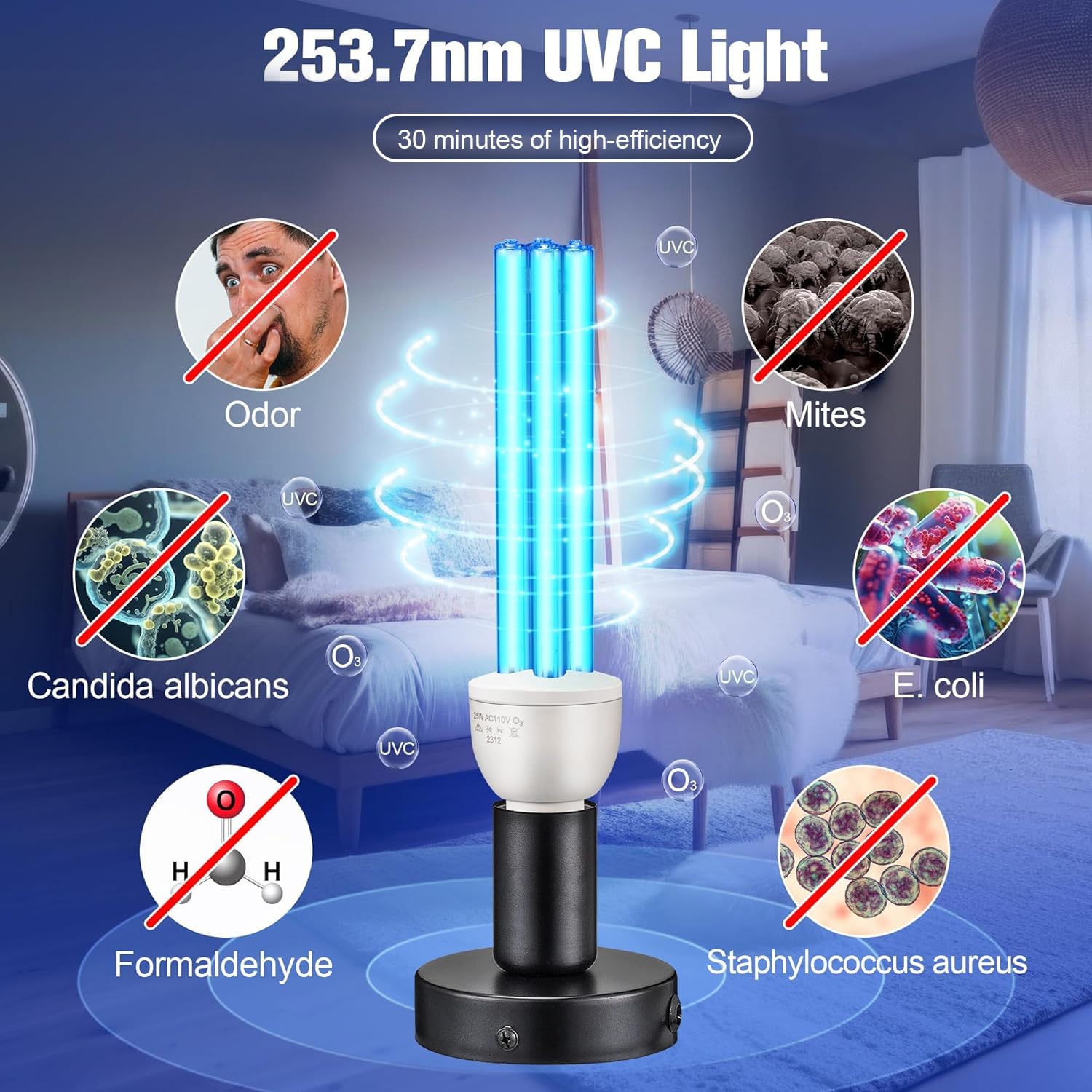 Qualirey 25 Watt UV Light, UVC Lamp with E27 Base and Replacement UVC Bulb, UV Light Bulb for Basement/Bedroom/Kitchen, with Ozone