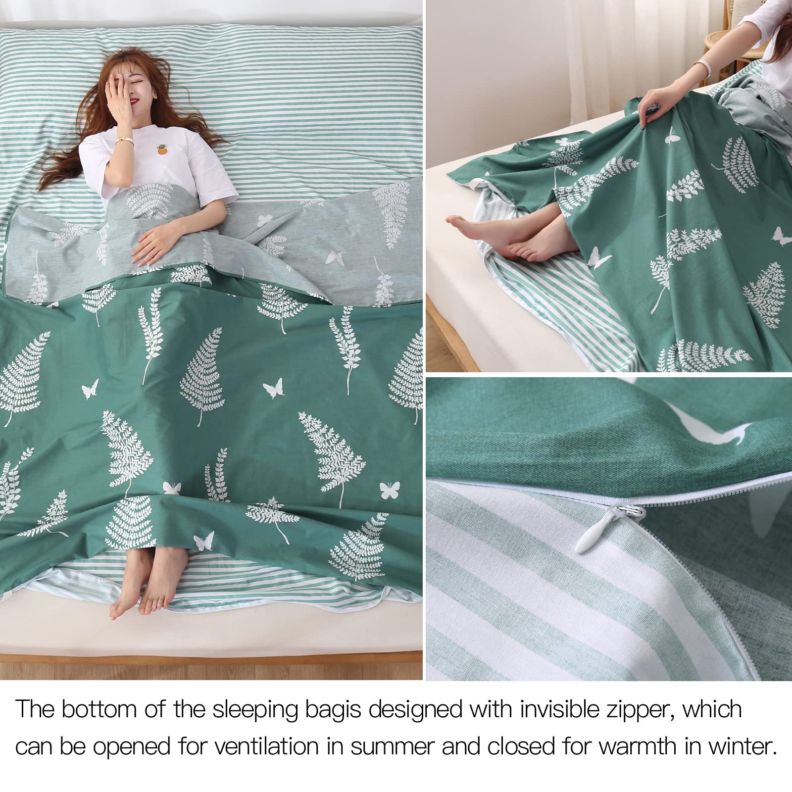 HEHEXIA Cotton Sleeping Bag Liner with Zipper, 100% Cotton Lightweight Compact Sleeping Bag Sack Sheet for Travel Camping Hiking Office (Small, Tree)