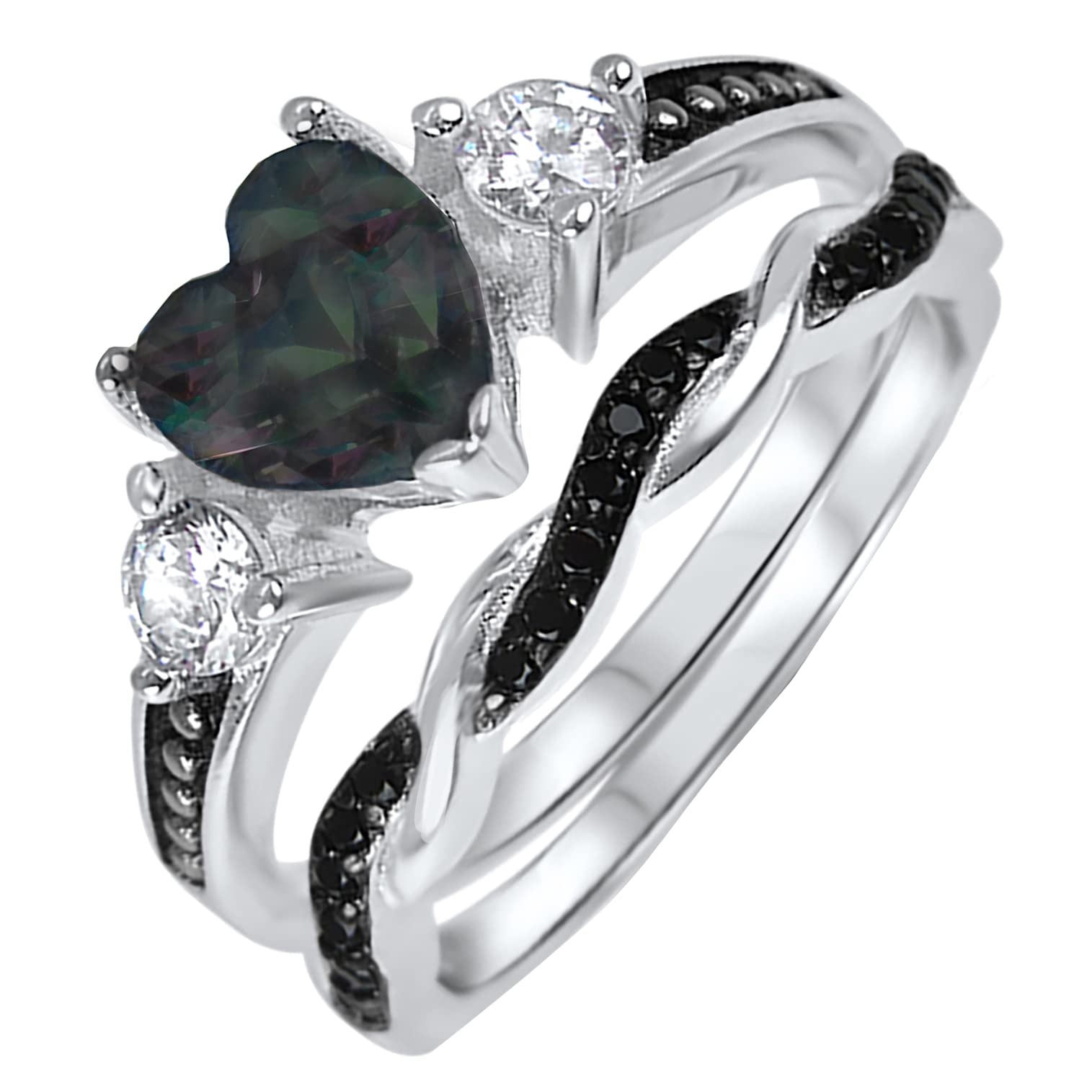 His Hers Wedding Ring Set TRIO 3 PCS Simulated Black Topaz Bridal Set Silver Black Titanium Him Her 10/11