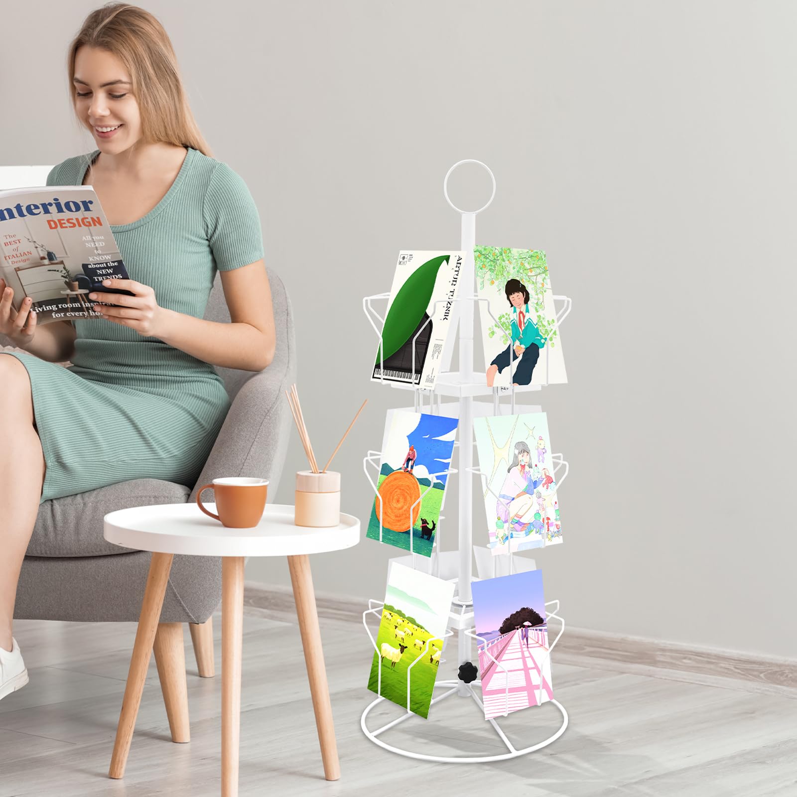 LOHISHILO 12 Pockets Countertop Rotating Greeting Card Rack 3 Tier Metal Display Stand Spinning Floor Stand Pocket Rotating Holder for Stickers Showcase, Classrooms, Offices, Libraries (White)
