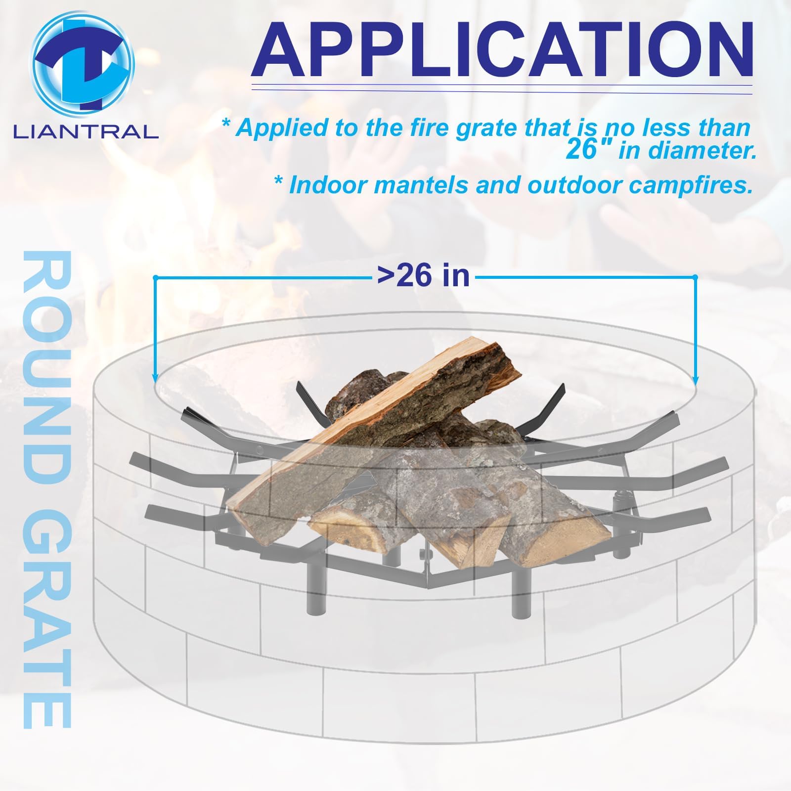 LIANTRAL 24in Fire Pit Grate, Fireplace Round Log Stove Rack Wood Grate for Indoor Outdoor Patio Firewood Burning Rack