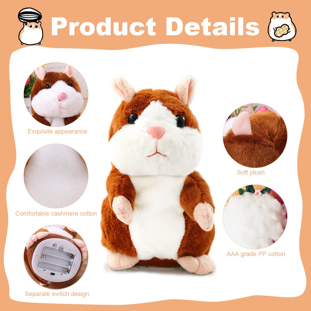 HeiYi Talking Hamster,Interactive Stuffed Plush Animal That Repeats What You Say - Perfect Fun Gift for Kids Ages 3+