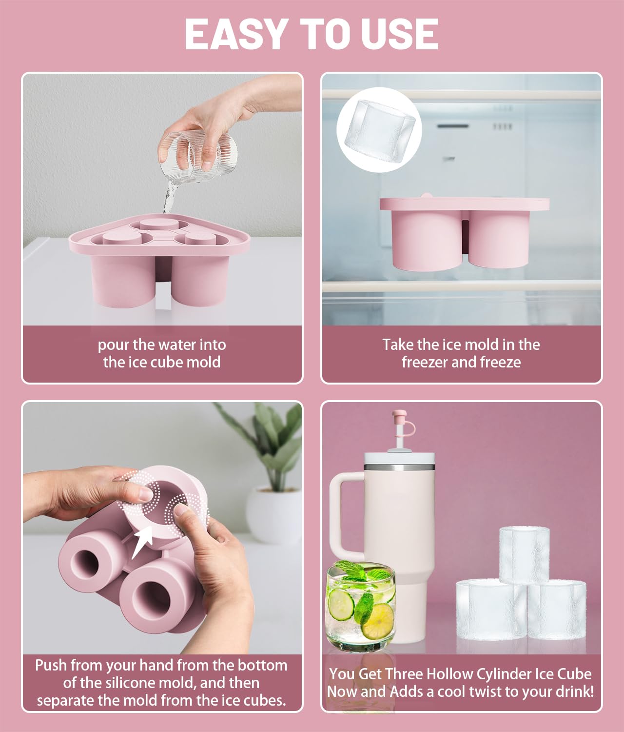 Ice Cube Tray for Stanley 40Oz Tumbler Cup, Silicone Cylinder Ice Cube Shape Mold with Lid and 4 PCS Straw Covers,Fit for Ice Drinks, Tea, Coffee,Whiskey, Cocktails And More (Rose Quartz Pink)