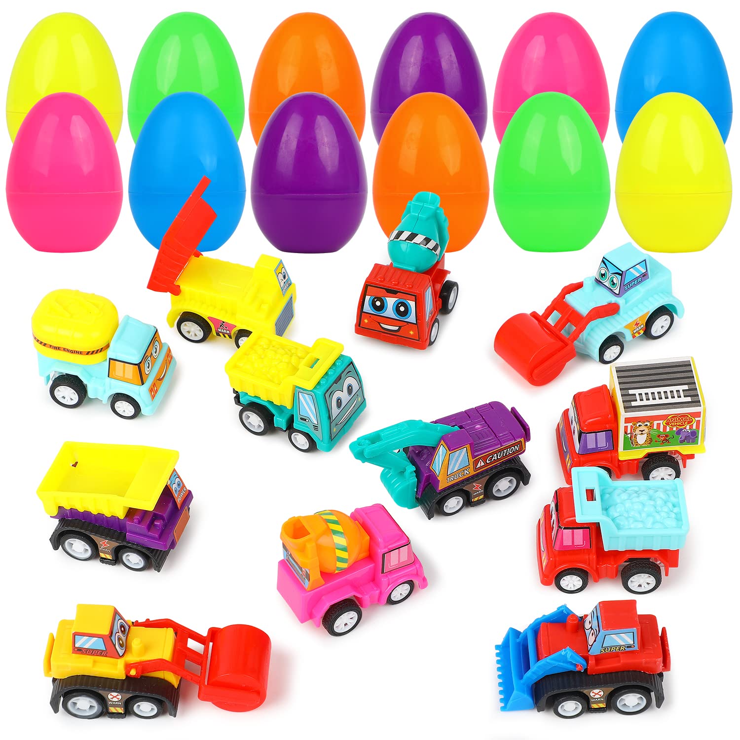 LOKIPA 12PCS Easter Eggs Filled with Pull-Back Car Toys, Plastic Easter Eggs Engineering Vehicles Toys for Easter Egg Hunt, Basket Stuffers Filler and Kids Birthday Party Favors