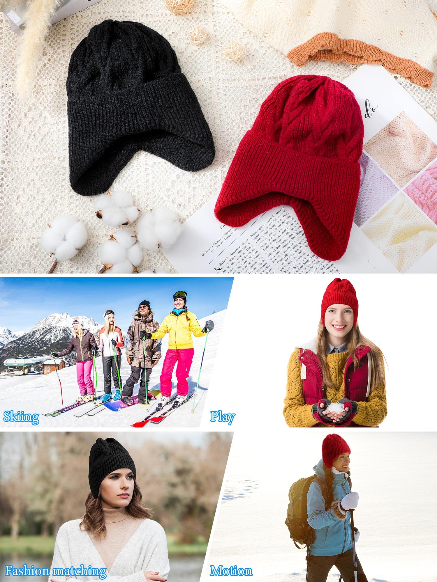 Giegxin 2 Pcs Hats with Ear Flaps Winter Knit Earflap Beanie Hat Warm Stocking Caps with Short Plush Lined Brimmed Ski for Women Men (Black, Khaki)