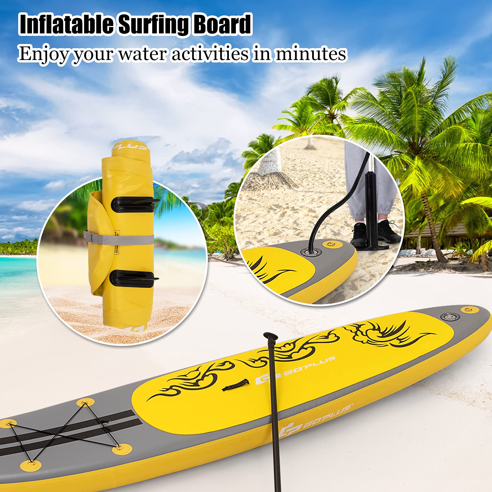 Goplus 10/ 11FT Inflatable Stand up Paddle Board Latest Inkjet Process Anti-Fading 6.5” Thick SUP with 3 Fins, Non-Slip Deck, Adjustable Paddle, Hand Pump, Carry Bag, Leash (Yellow, 11FT)