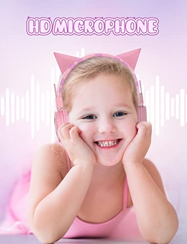 SIMJAR Cat Ear Kids Headphones with Microphone for School, Volume Limiter 85/94dB, Wired Girls Headphones with Foldable Design for Online Learning/Travel/Tablet/iPad (Pink)