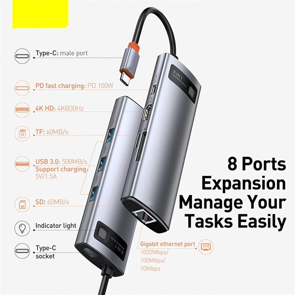 MZLXDEDIAN USB C Adapter, 8 in 1 USB C HUB USB C Ethernet Adapter HDMI Multiport Adapter Laptop Docking Station for with 3.0 USB PD TF/SD Card Reader